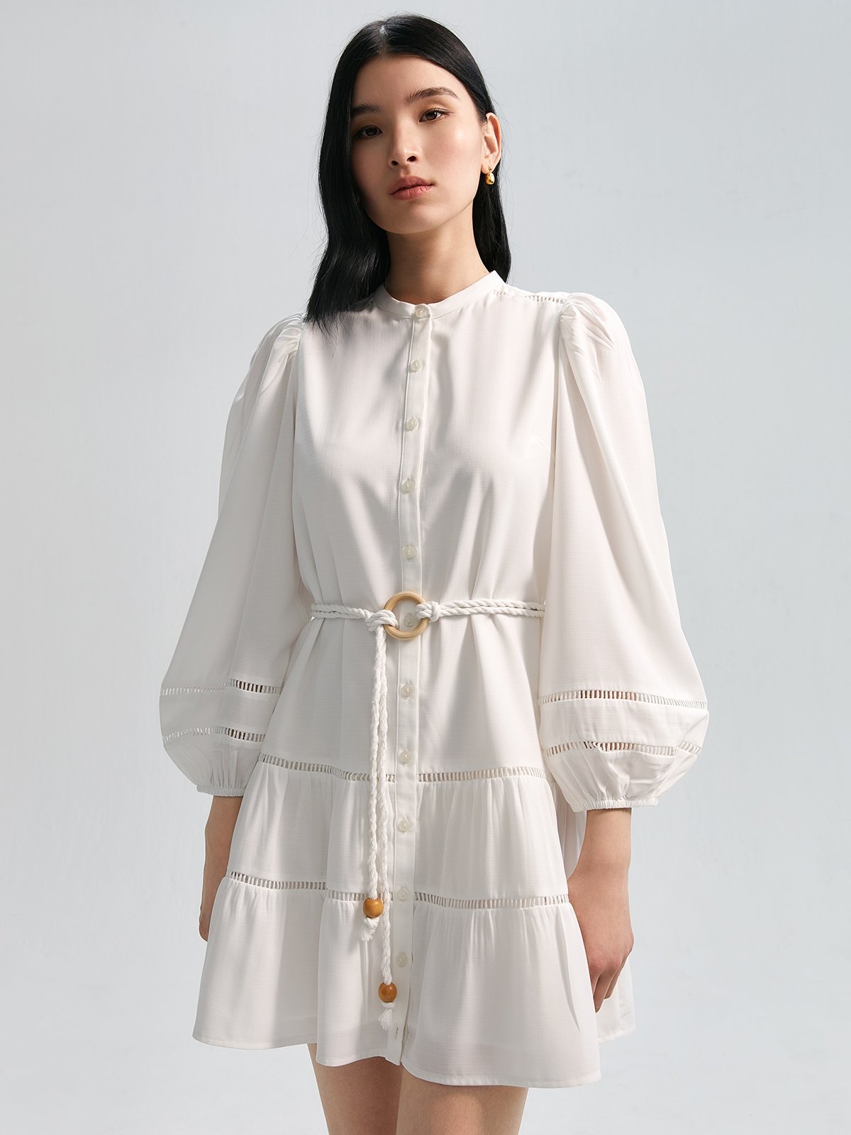 Rope Weave Belted Button Mini Dress - White - Pomelo Fashion