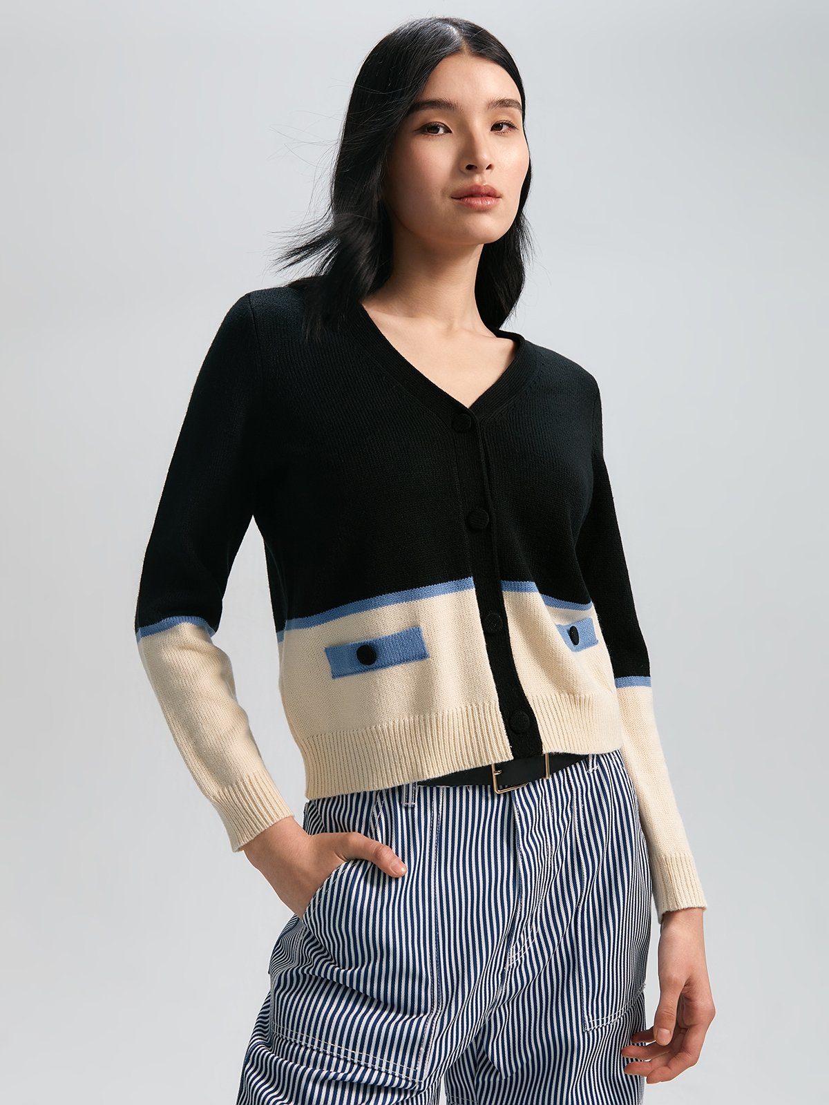 Two Tone Cardigan with Pocket Detail - Black/White - Pomelo Fashion