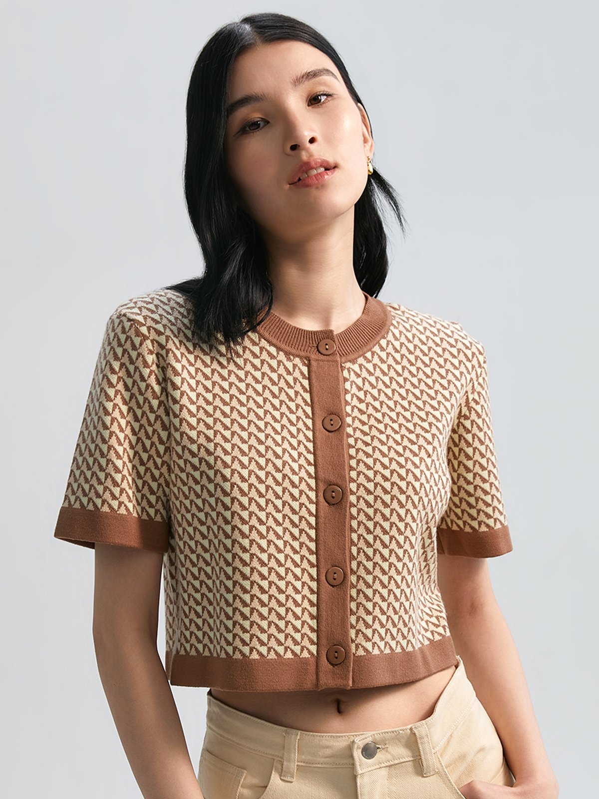 Two Tone Abstract Print Knitted Short Sleeve Top - Brown - Pomelo Fashion
