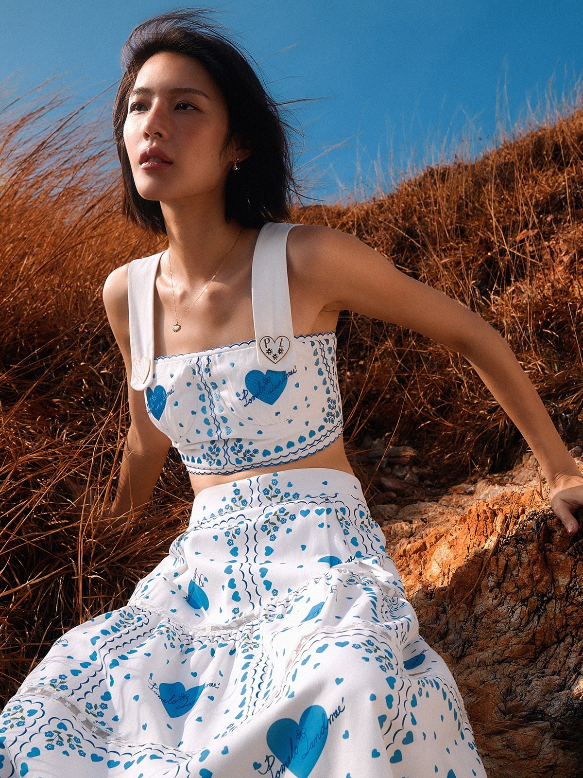 Pomelo. x Landmeé Heart Printed Lace Trim Detail Crop Top - White ...