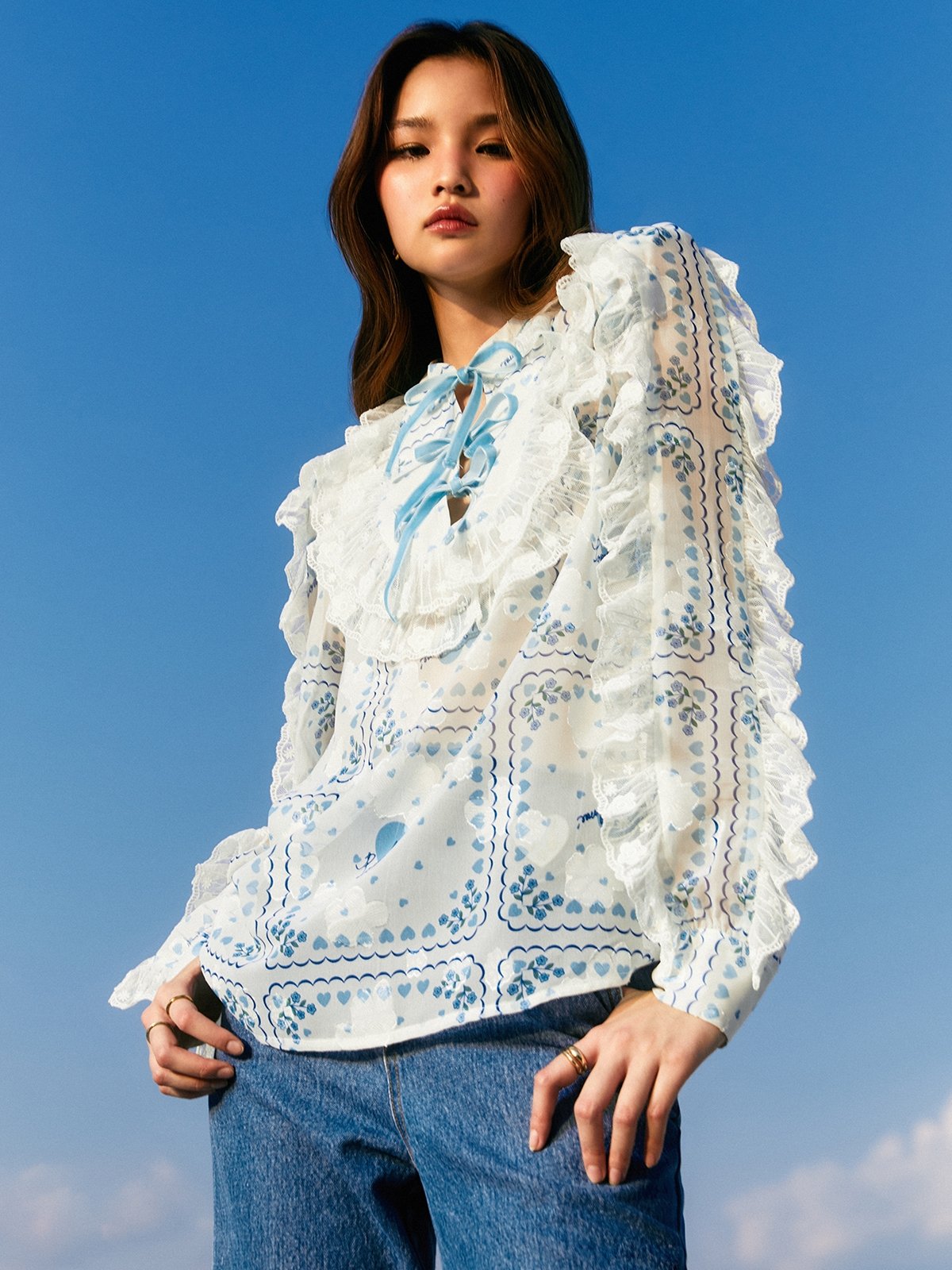 Pomelo. x Landmeé Heart Motif Printed Ruffle Detail Button Shirt ...