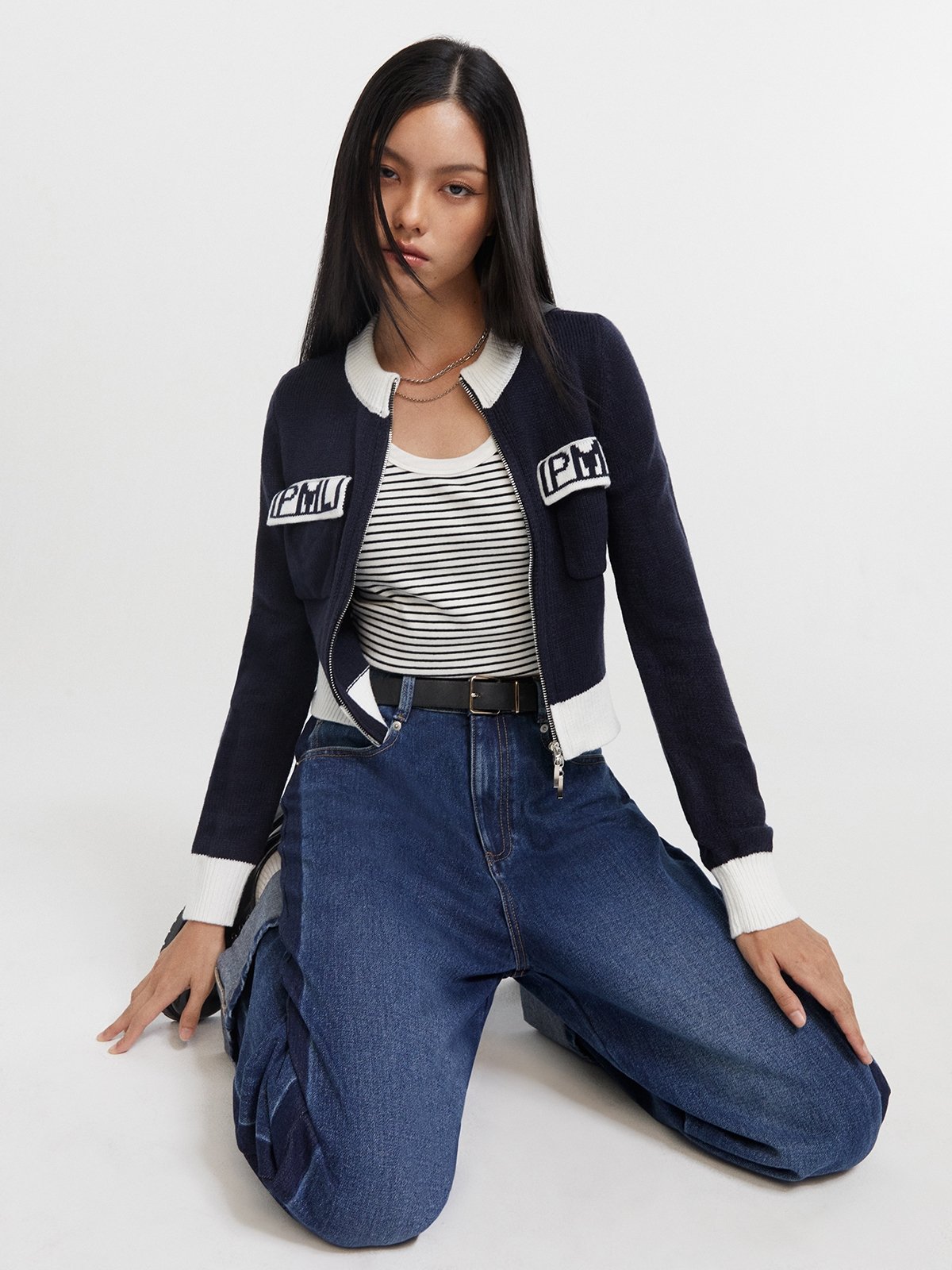 PML Two-Tone Knitted Cropped Jacket - Navy/White - Pomelo Fashion