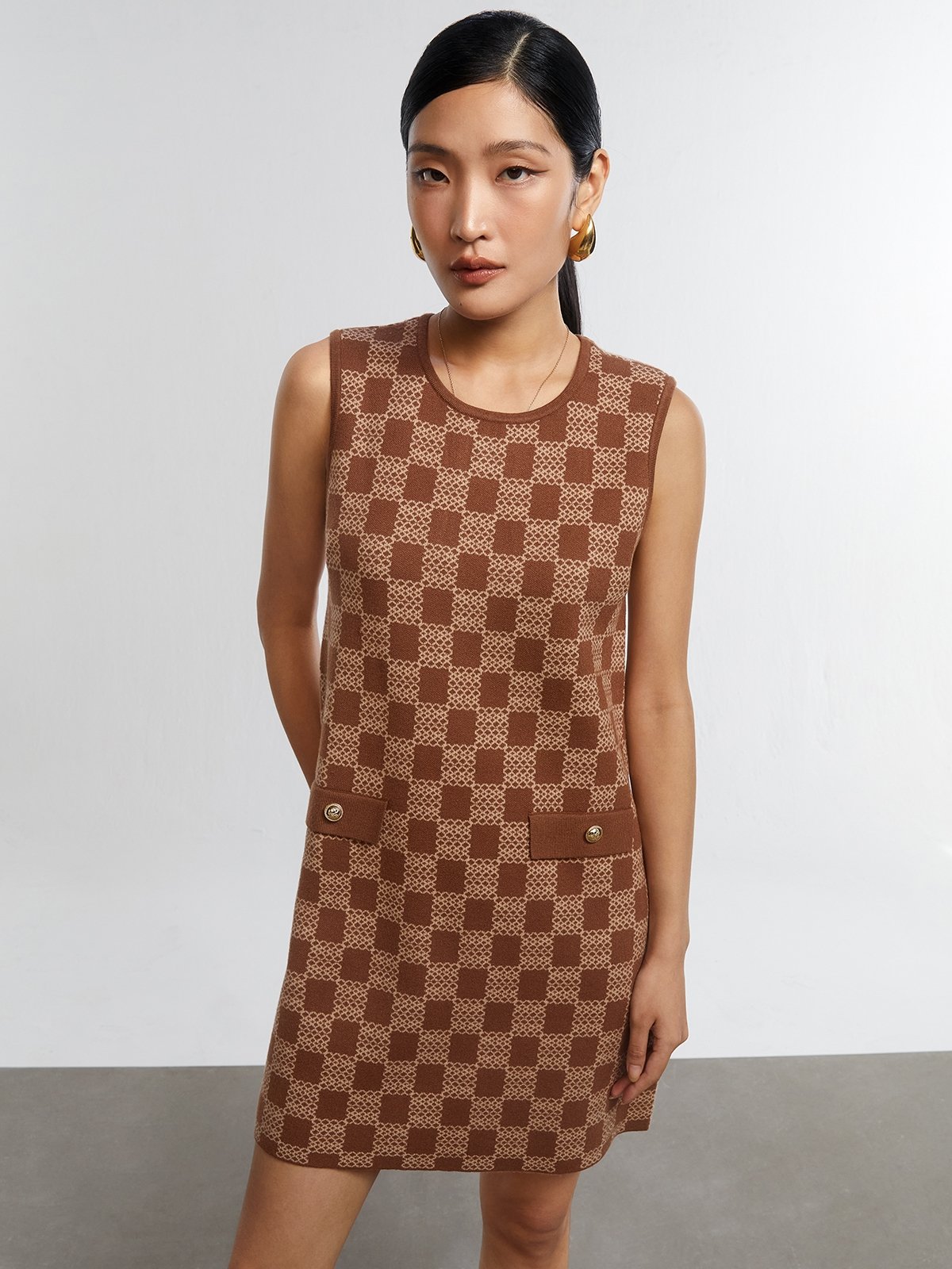 Double Weave Checkerboard Sleeveless Mini Dress - Brown - Pomelo Fashion