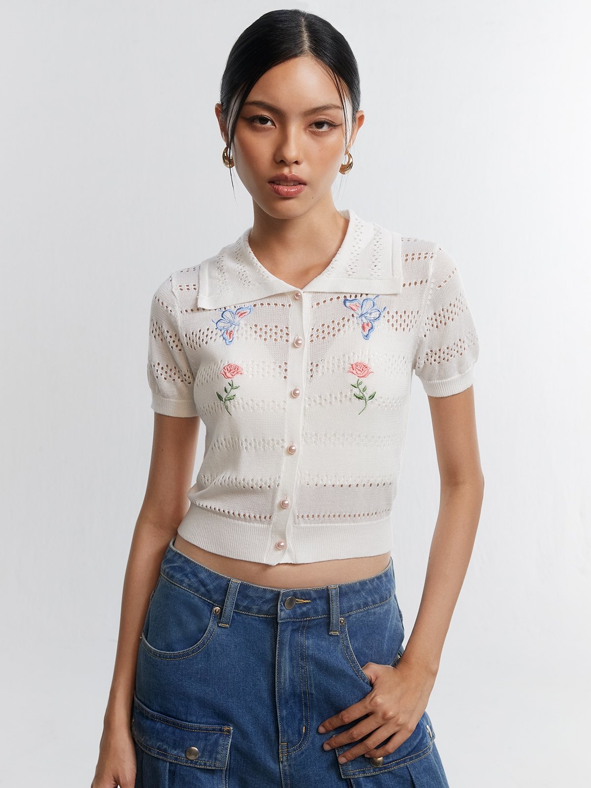 Flower Embroidered Detail Eyelet Knitted Button Shirt - White - Pomelo ...