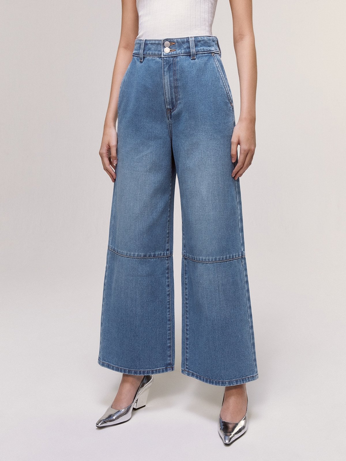 Double Button Wide-Leg Jeans - Blue - Pomelo Fashion