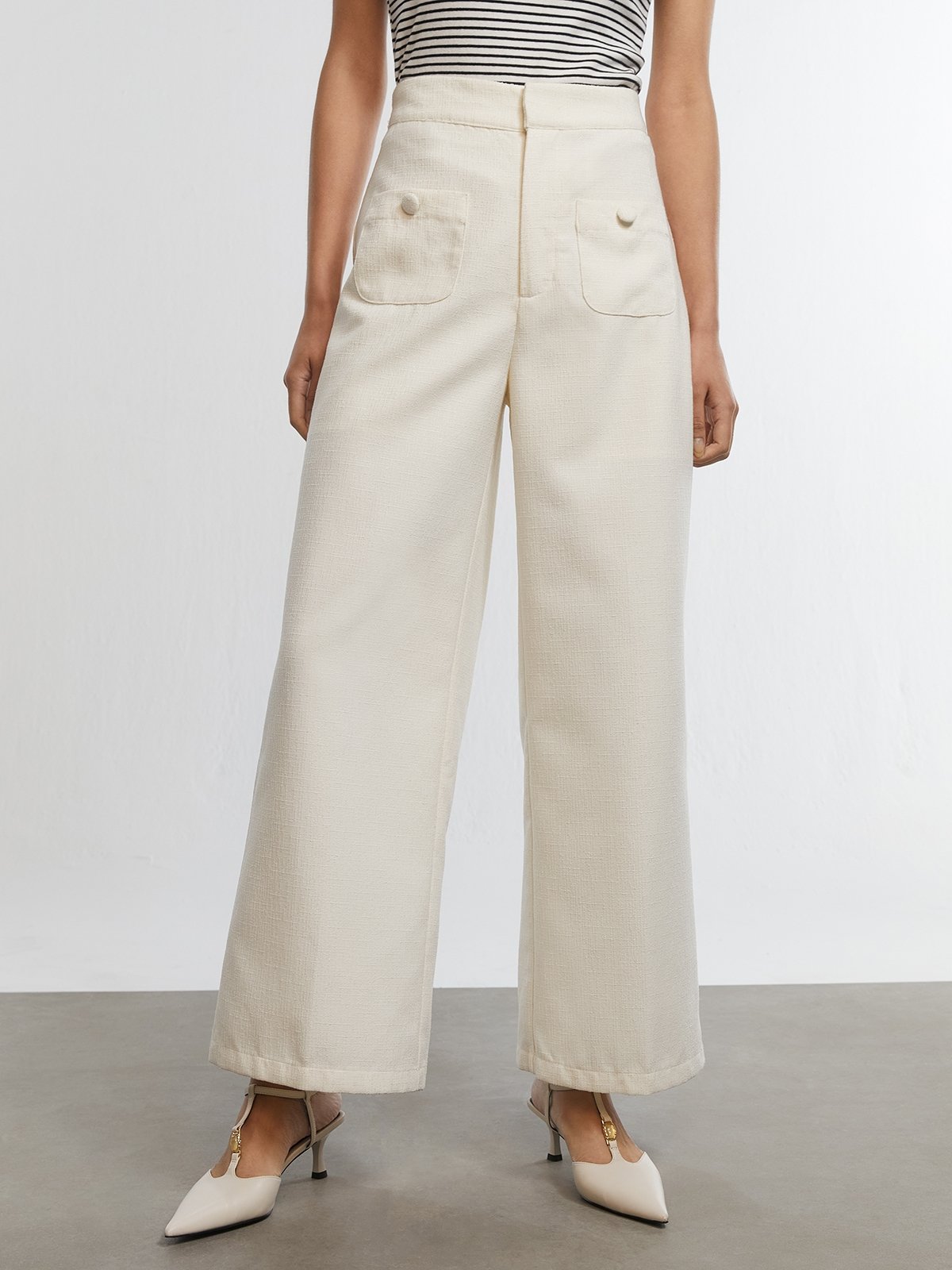 Tweed High Waist Straight Pants with Front Pocket - Cream - Pomelo Fashion