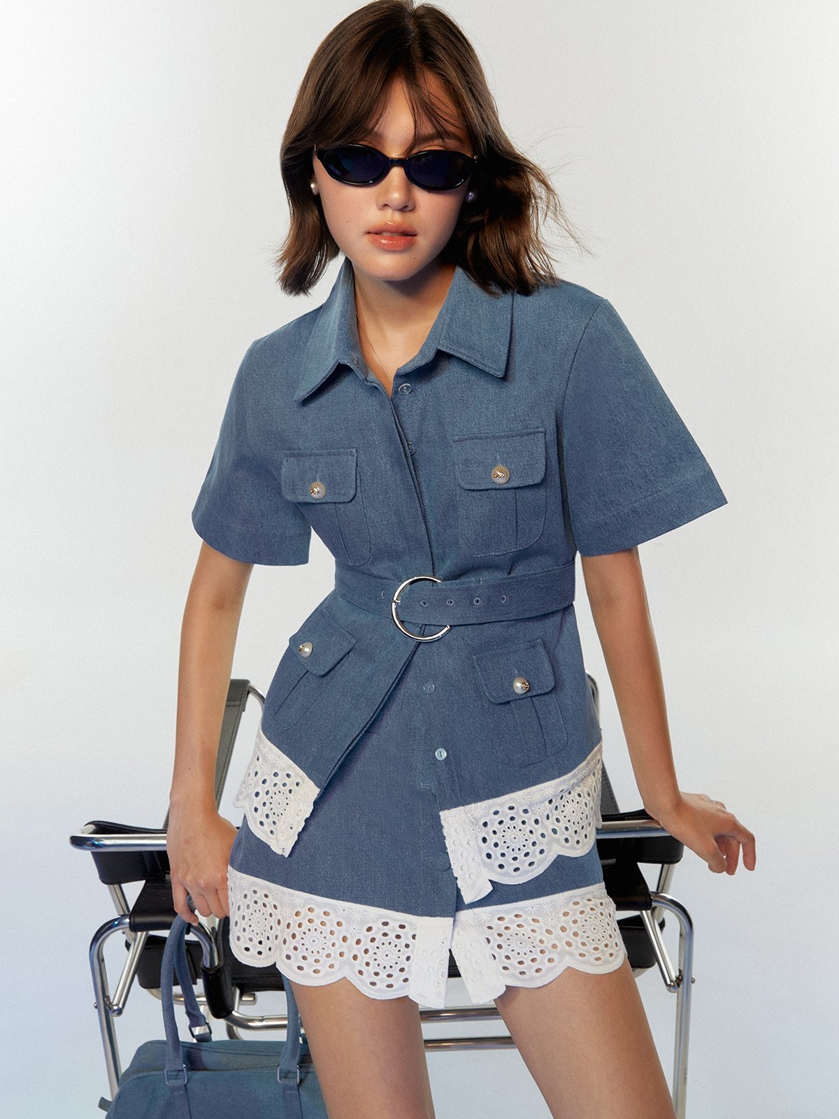 Belted Short-Sleeve Jacket with Eyeleted hem Detail - Blue - Pomelo Fashion