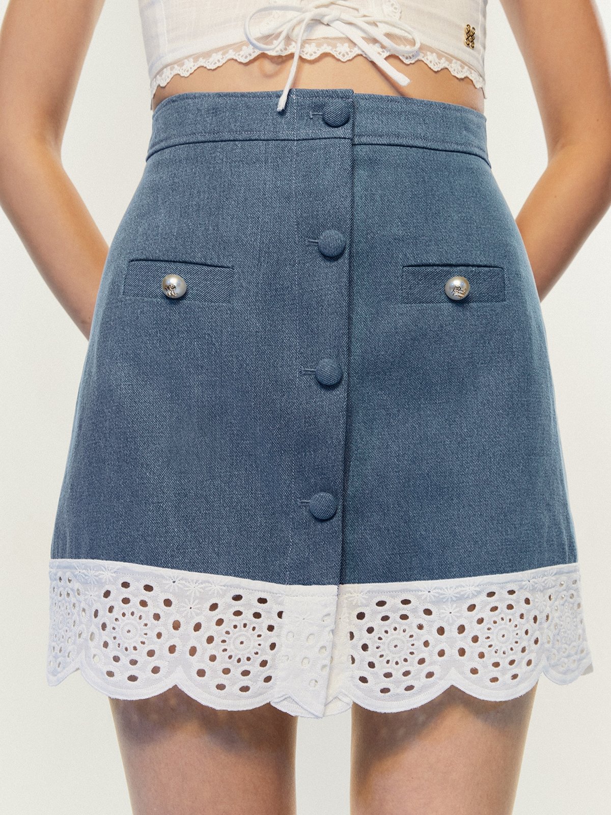 Eyeleted Hem Detail Mini Skirt - Blue - Pomelo Fashion