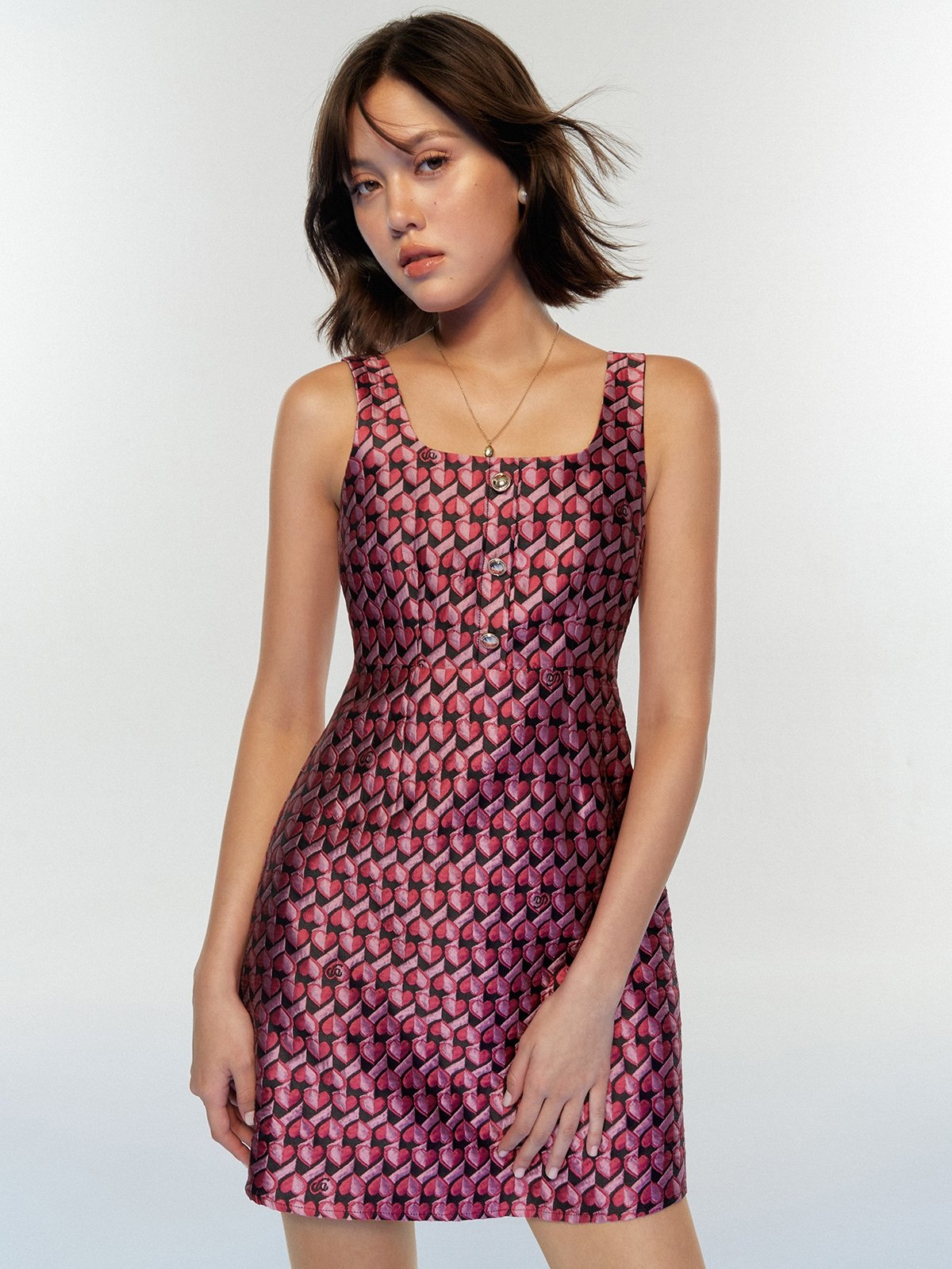 Embroidered Monogram Heart Motif Mini Dress with Button Detail - Pink ...
