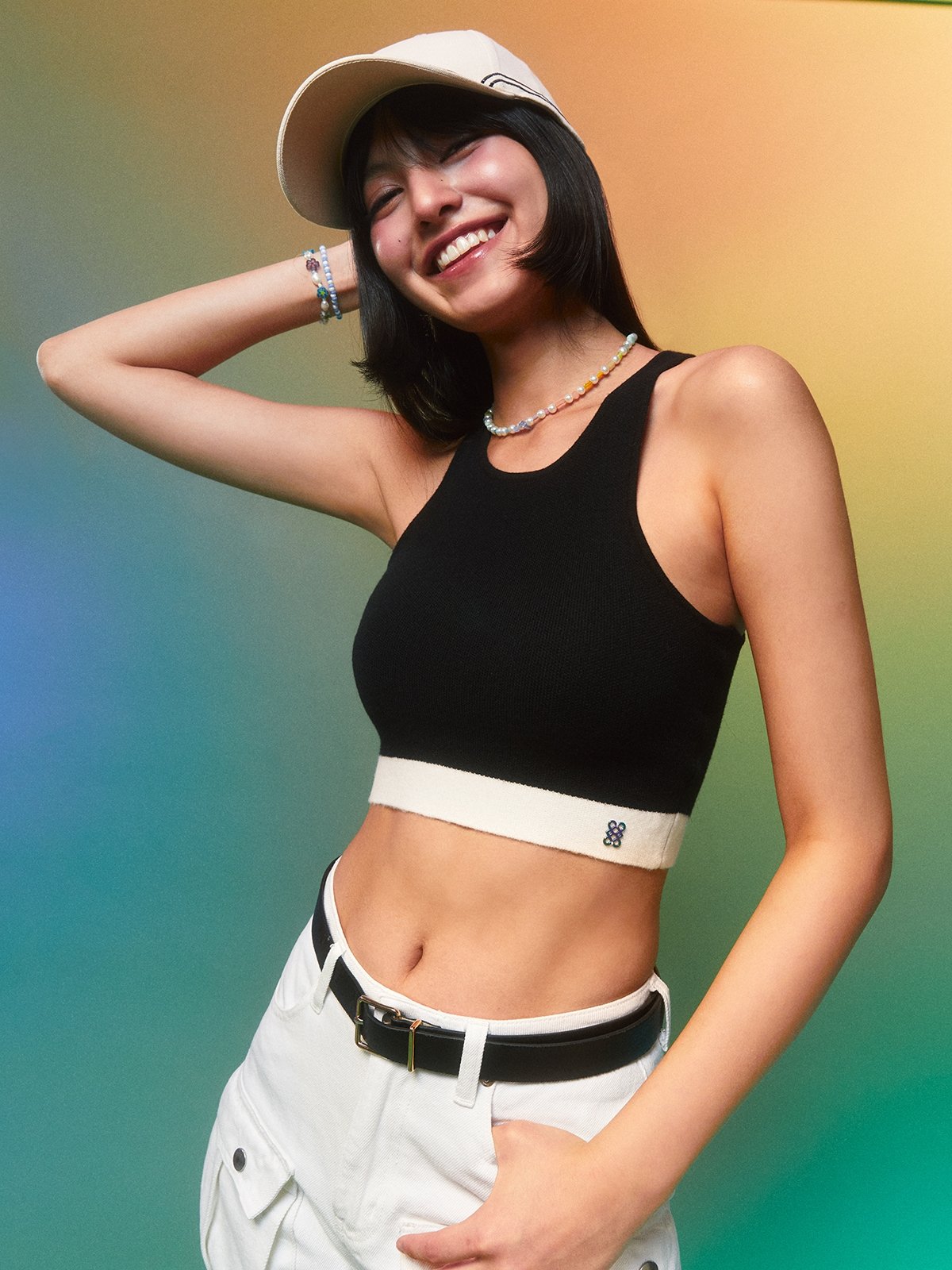 Two-Tone Knitted Cami Top - Black/White - Pomelo Fashion