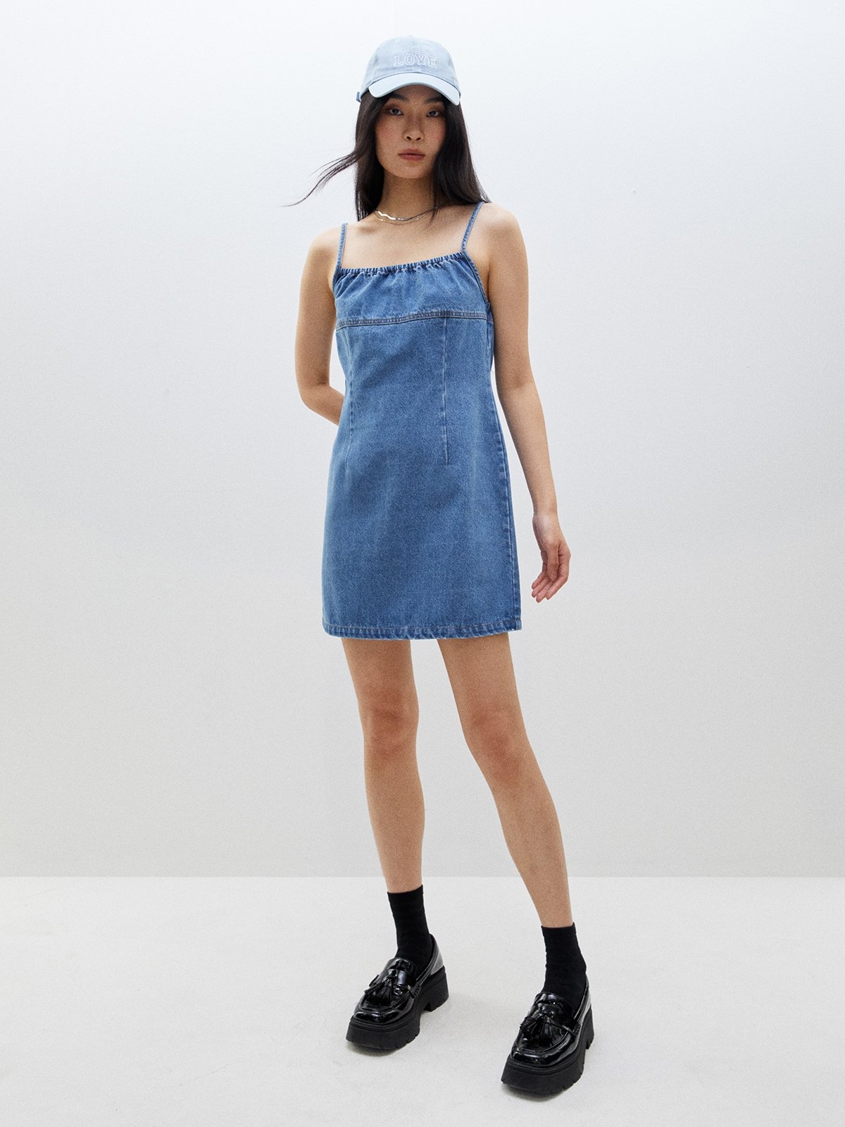 Denim Spaghetti Mini Dress with Ruched Detail - Blue - Pomelo Fashion