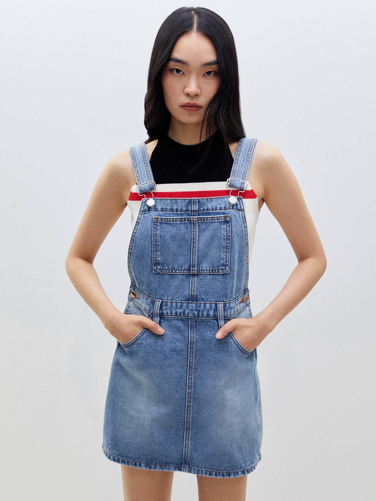 Washed Denim Short Overall - Light Blue - Pomelo Fashion