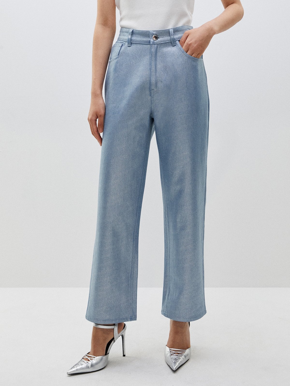 Metallic Denim Straight Pants - Light Blue - Pomelo Fashion