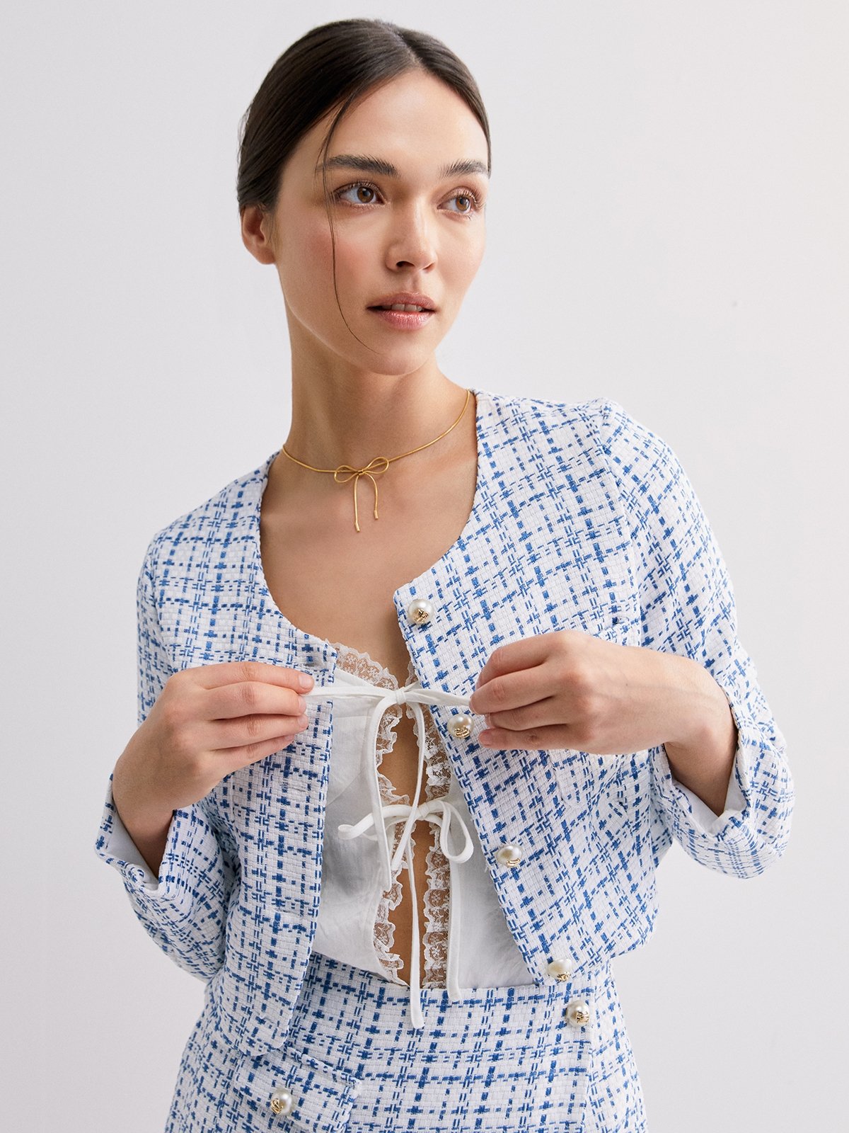 Tweed Cropped Jacket with Gold Button Detail - Blue - Pomelo Fashion