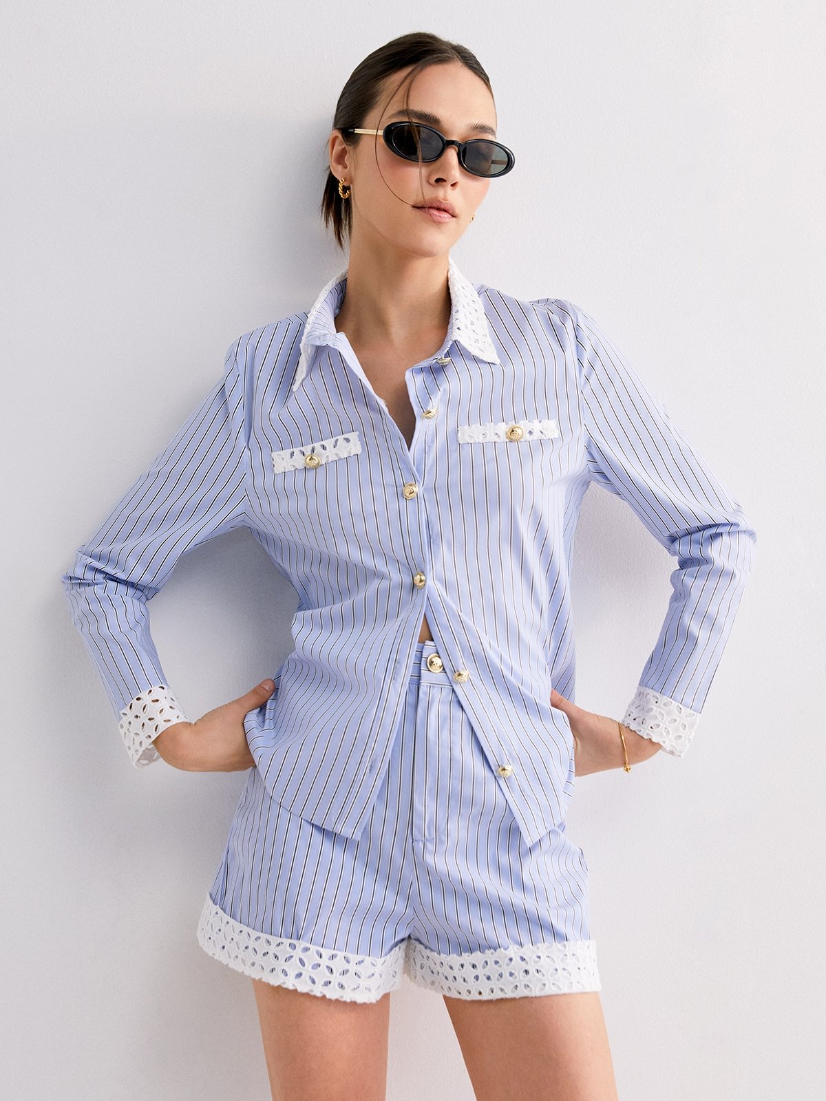 Pin Stripe Button Shirt with Eyeleted Trim Detail - Blue - Pomelo Fashion