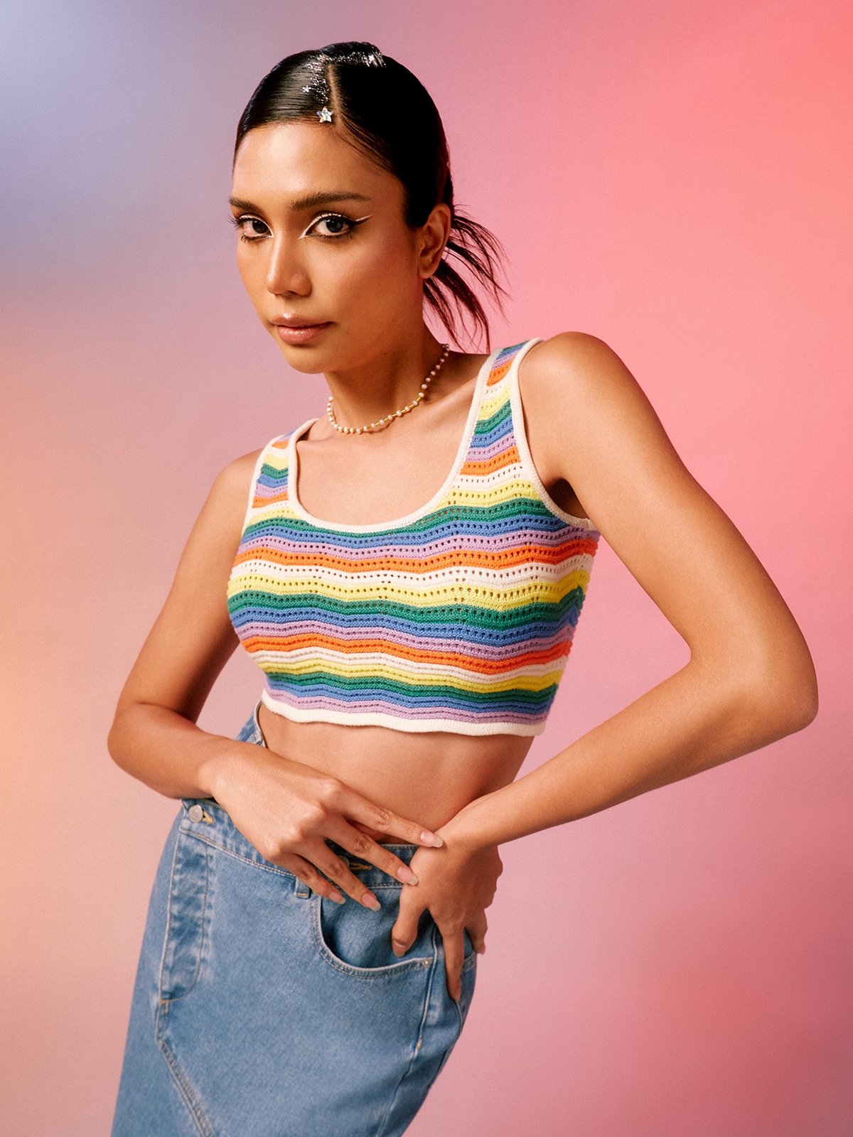 Wavy Rainbow Fluffy Knitted Cami Top - Multi Color - Pomelo Fashion