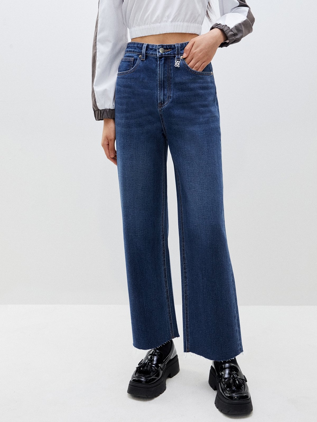 Straight Jeans with Double Weave Silver Hardware - Blue - Pomelo Fashion
