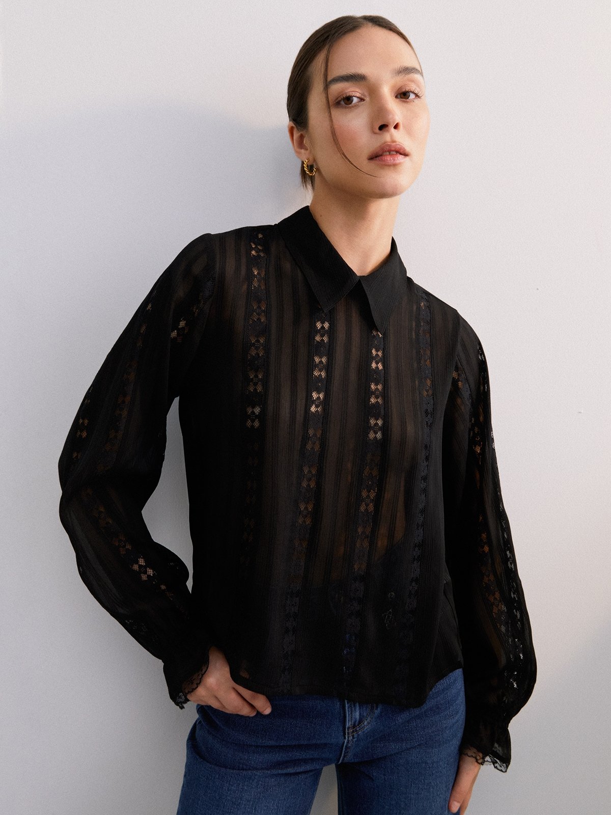 Lace Trim Long Sleeve Blouse Black Pomelo Fashion