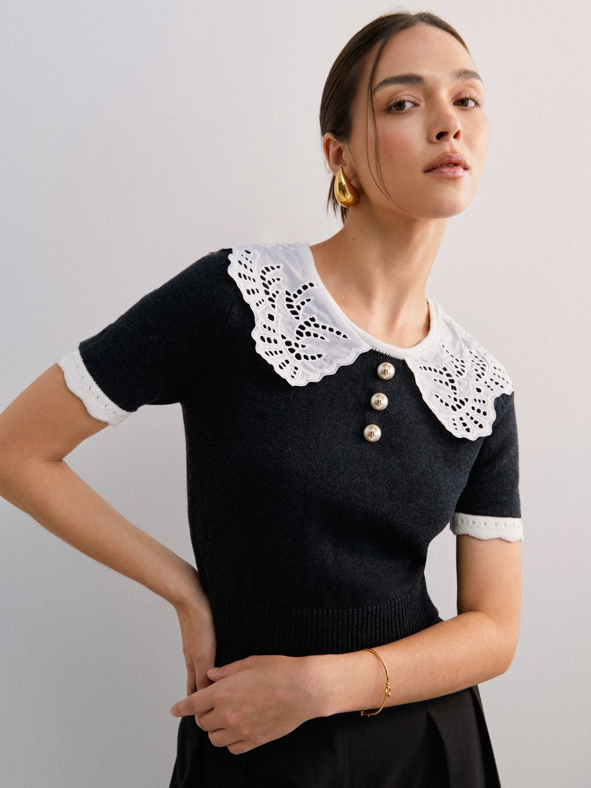 Two Tone Knitted Mini Tee with Eyeleted Collar Detail - Black - Pomelo ...