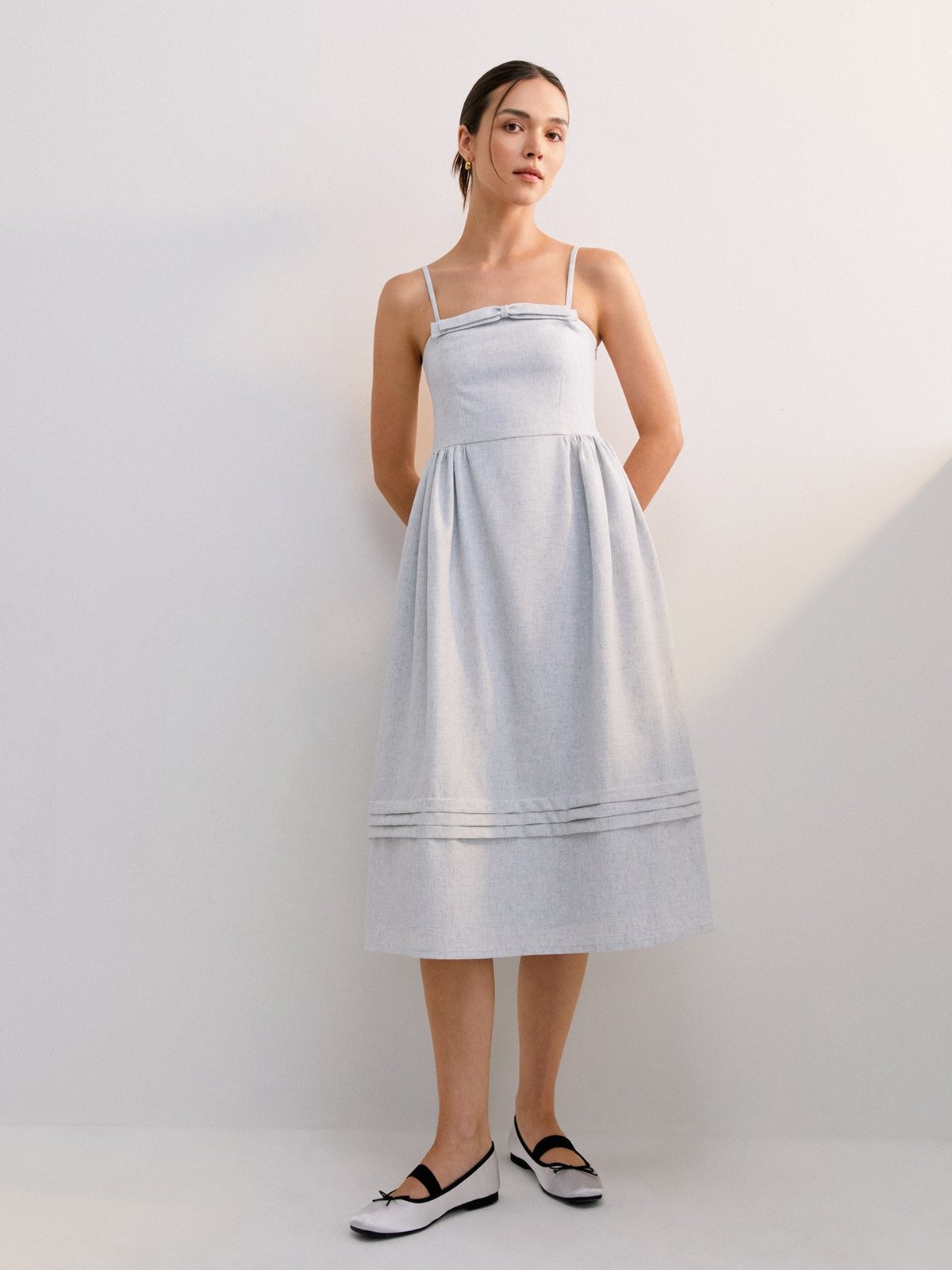 Feminine Bow Linen Flowy Dress - Light Grey - Pomelo Fashion