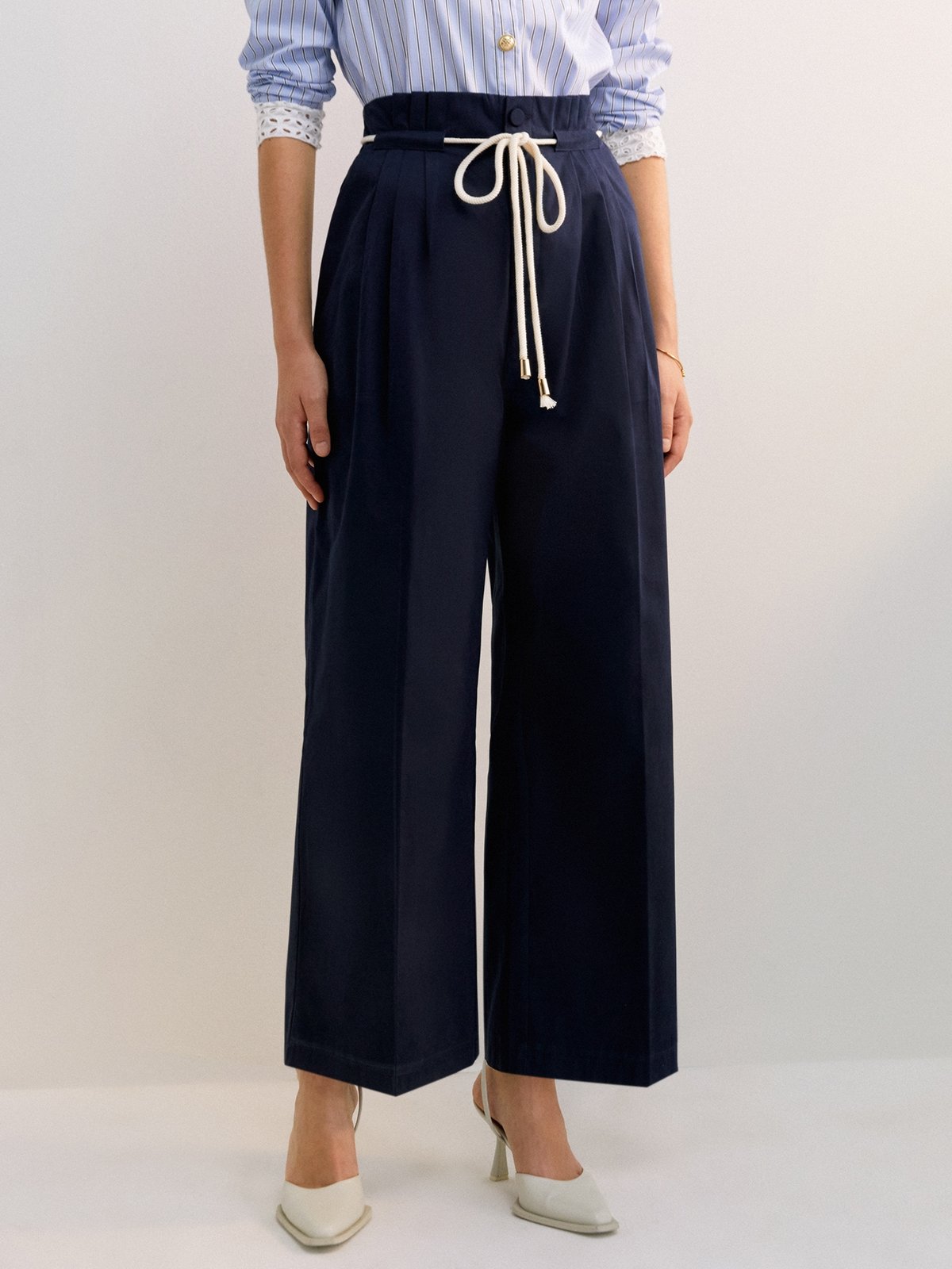Front-Tie Rope Belted Wide Leg Pants - Navy - Pomelo Fashion