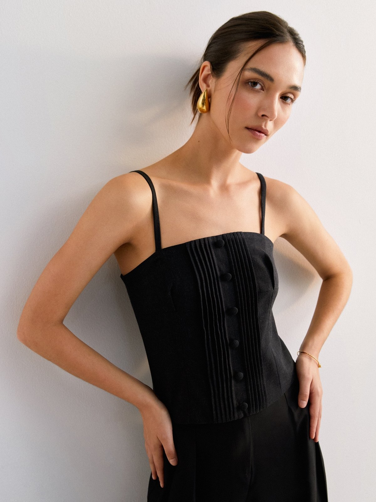 Pleated Cami Top with Button Detail - Black - Pomelo Fashion