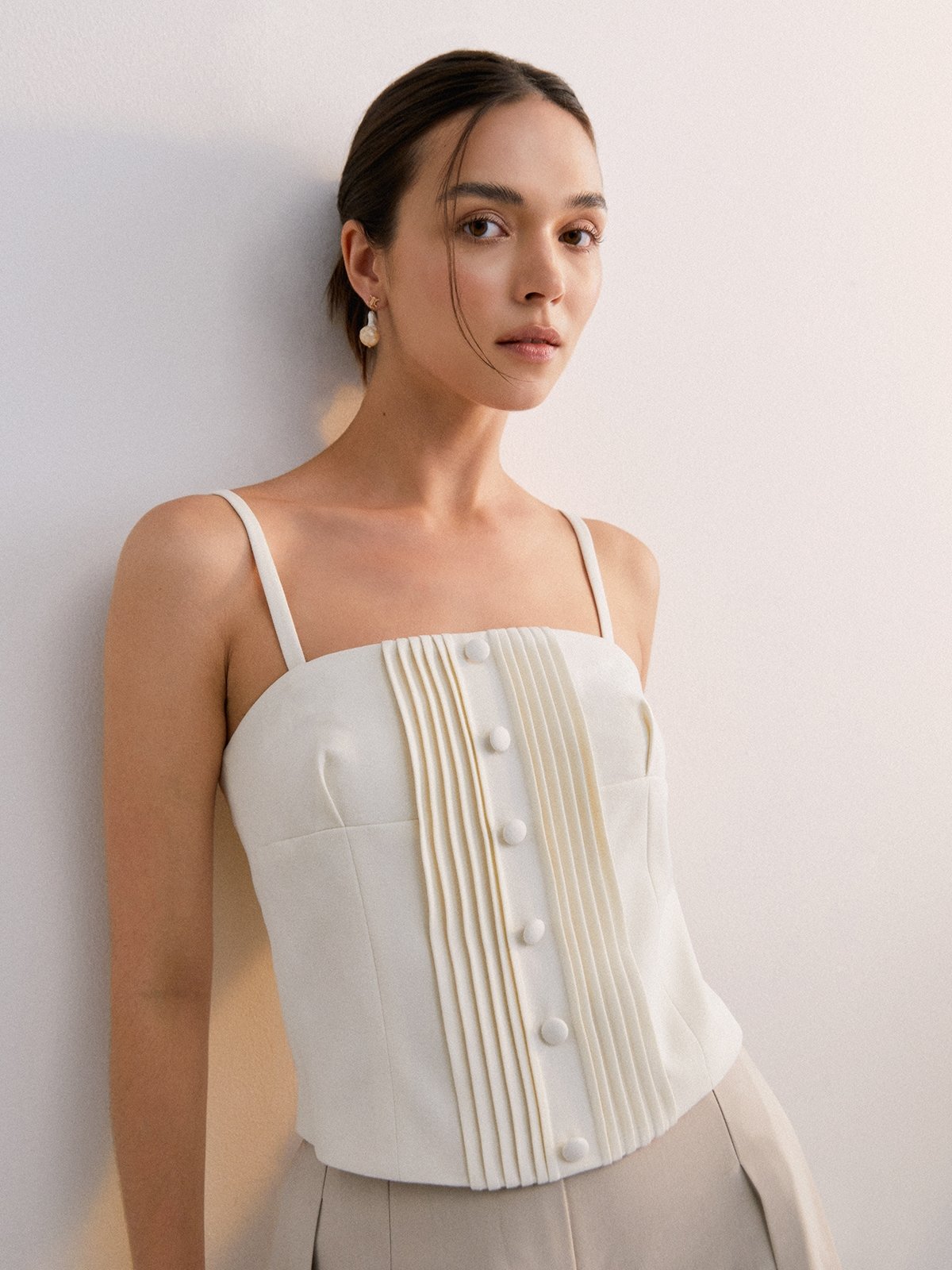 Pleated Cami Top with Button Detail - Beige - Pomelo Fashion