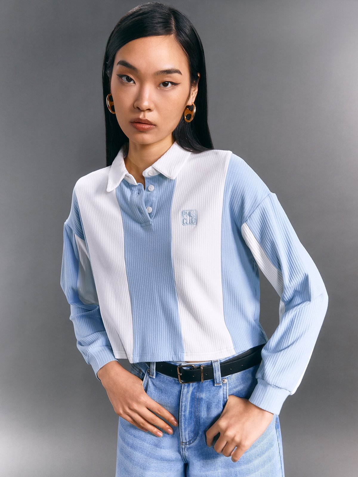 Two Tone Pin Stripe Knitted Sweat Shirt - Blue - Pomelo Fashion