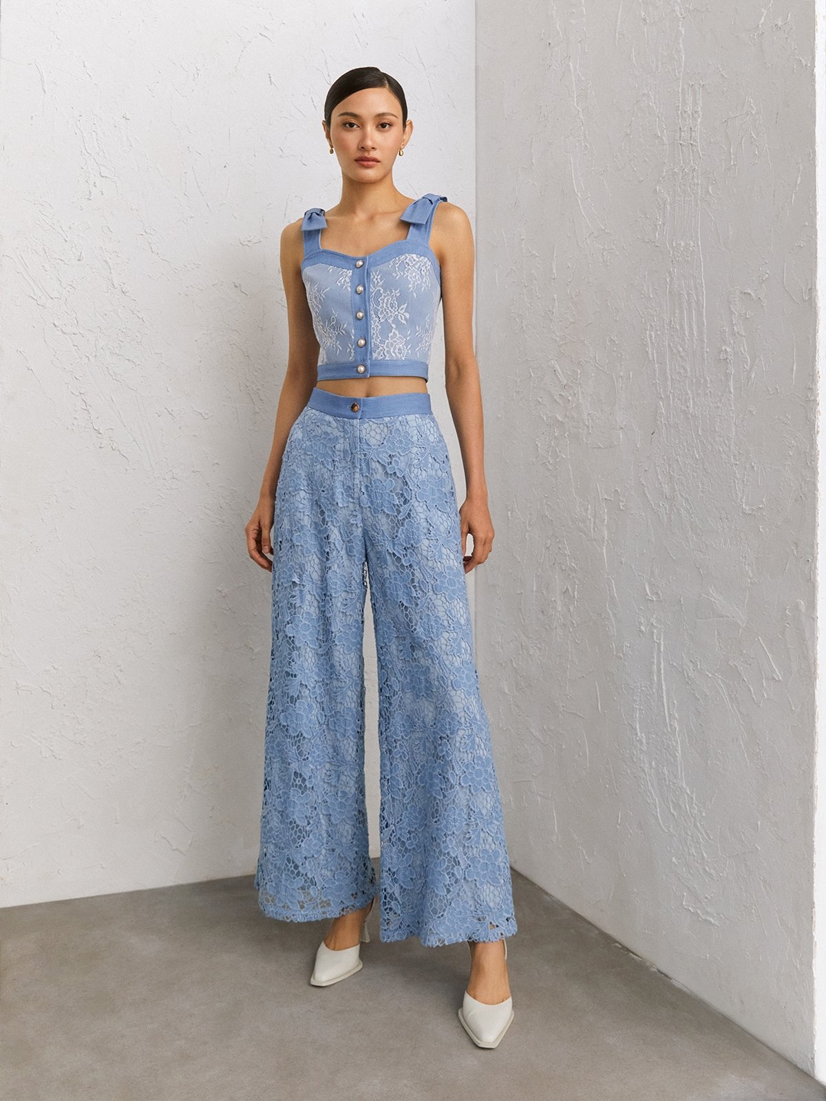 Emma Floral Lace Pants - Blue - Pomelo Fashion
