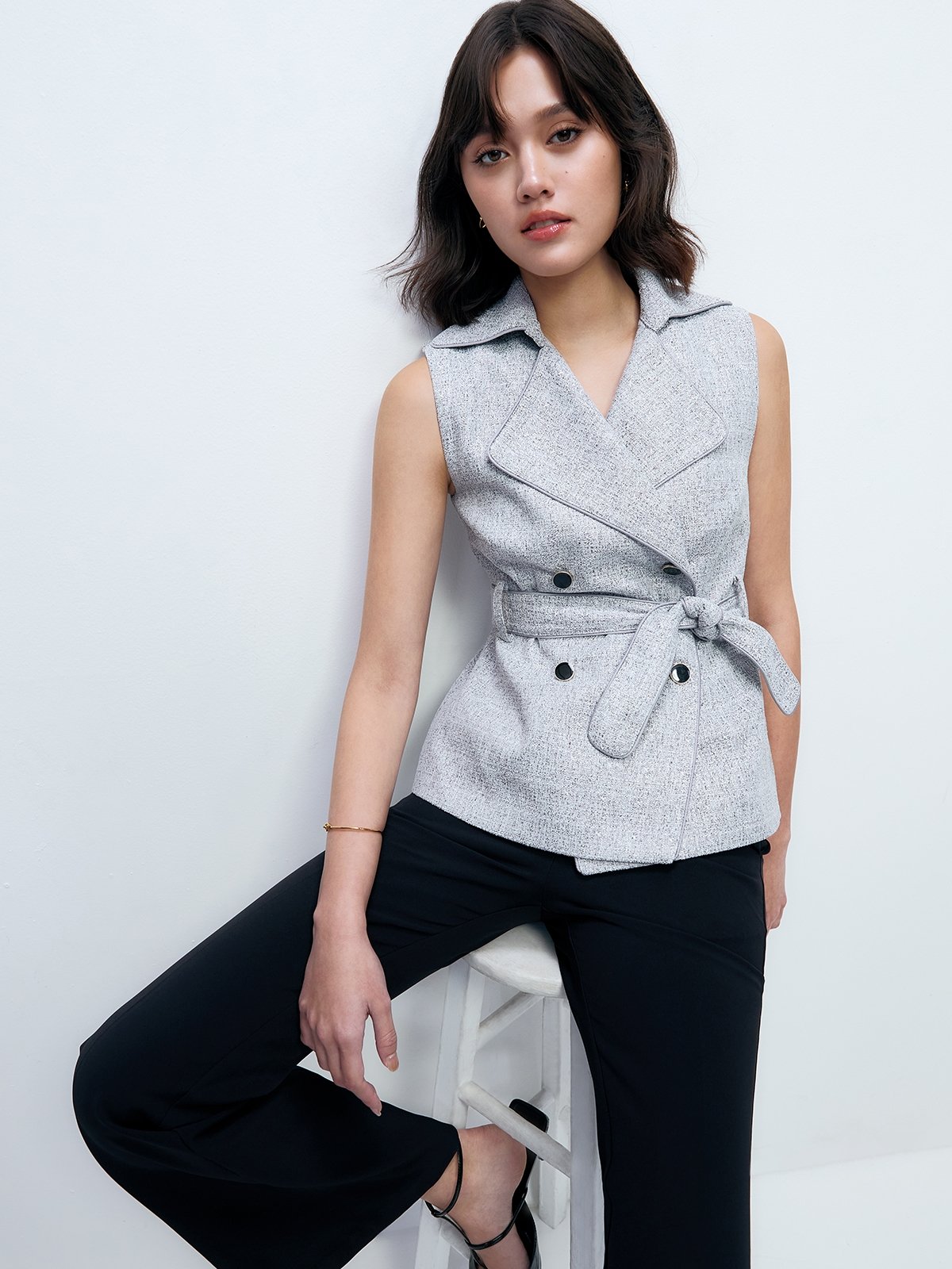 Double Button Belted Vest - Mid Grey - Pomelo Fashion