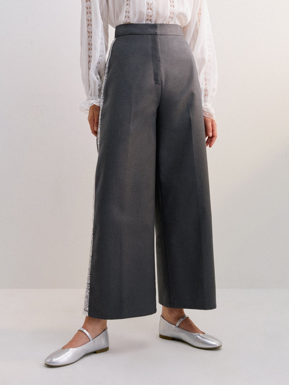 Side Lace Strap Wide Leg Pants - Dark Grey - Pomelo Fashion