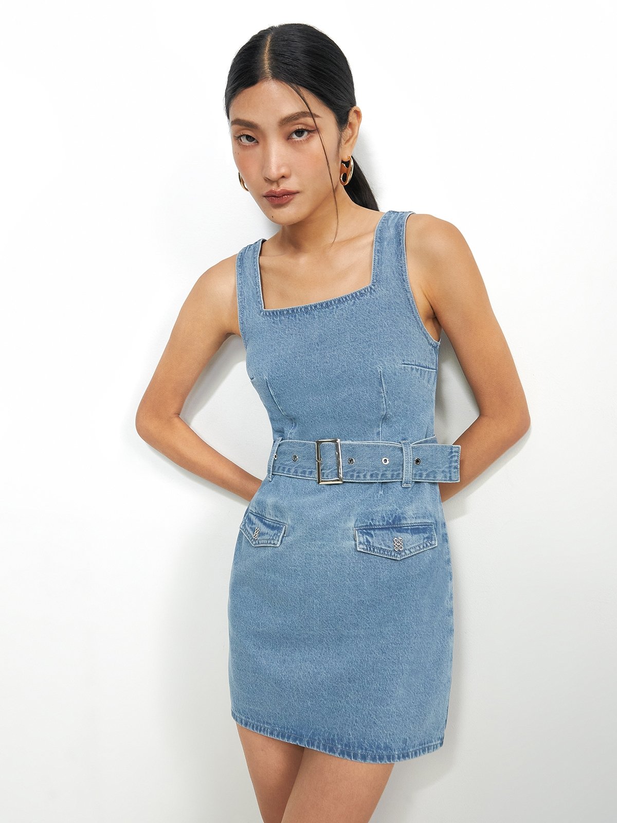 Belted Denim Mini Dress - Blue - Pomelo Fashion