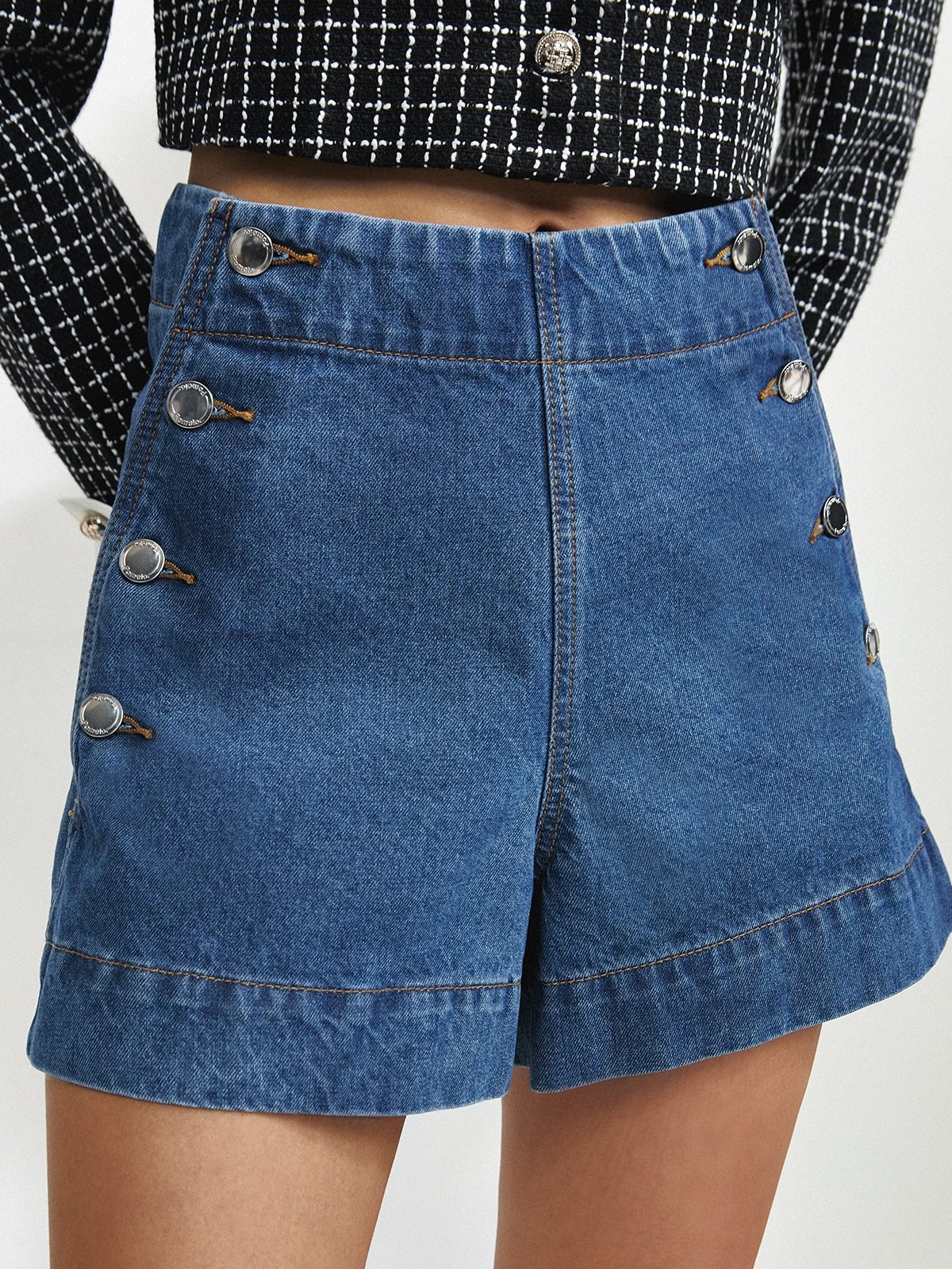 Three Side Button Detail Denim Shorts Blue Pomelo Fashion