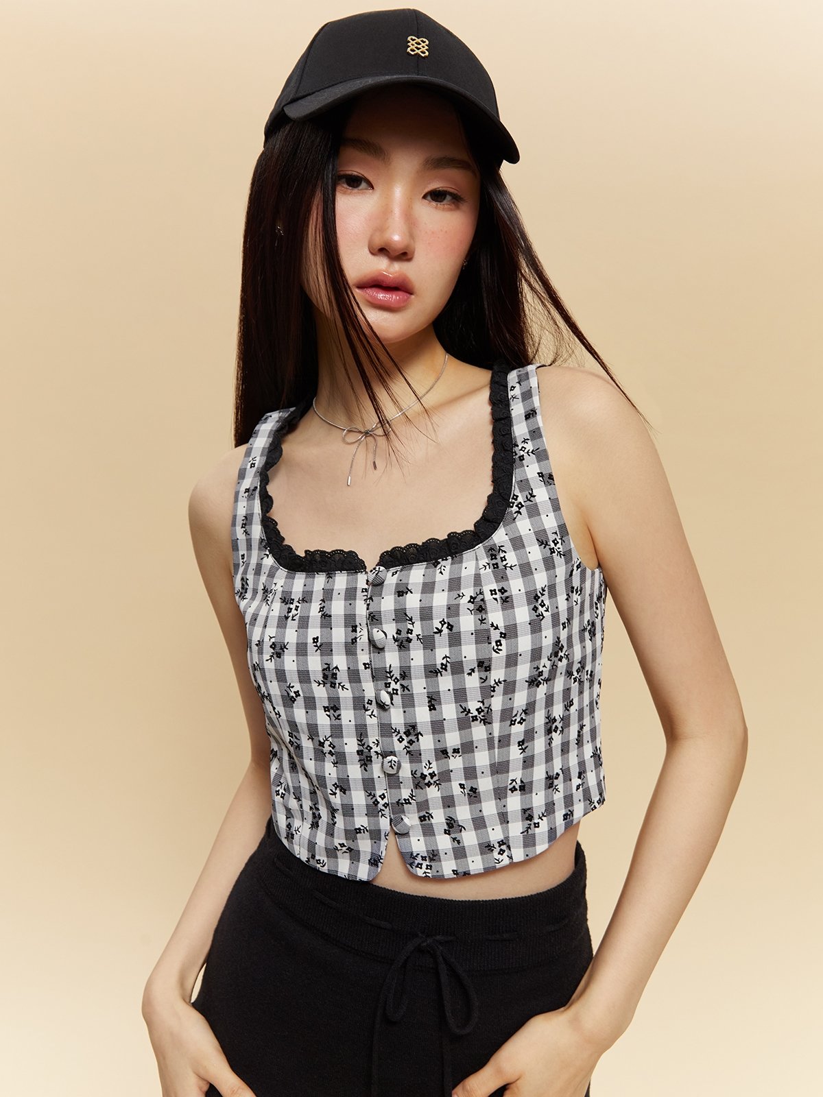 Flower Embroidered Plaid Cami Top with Ruffled Trim Detail - Black ...