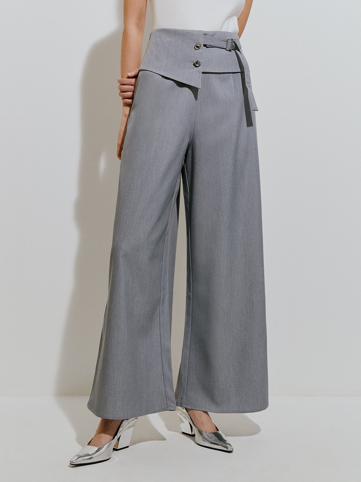 Flipped Waistband Detail Flared Pants - Mid Grey - Pomelo Fashion
