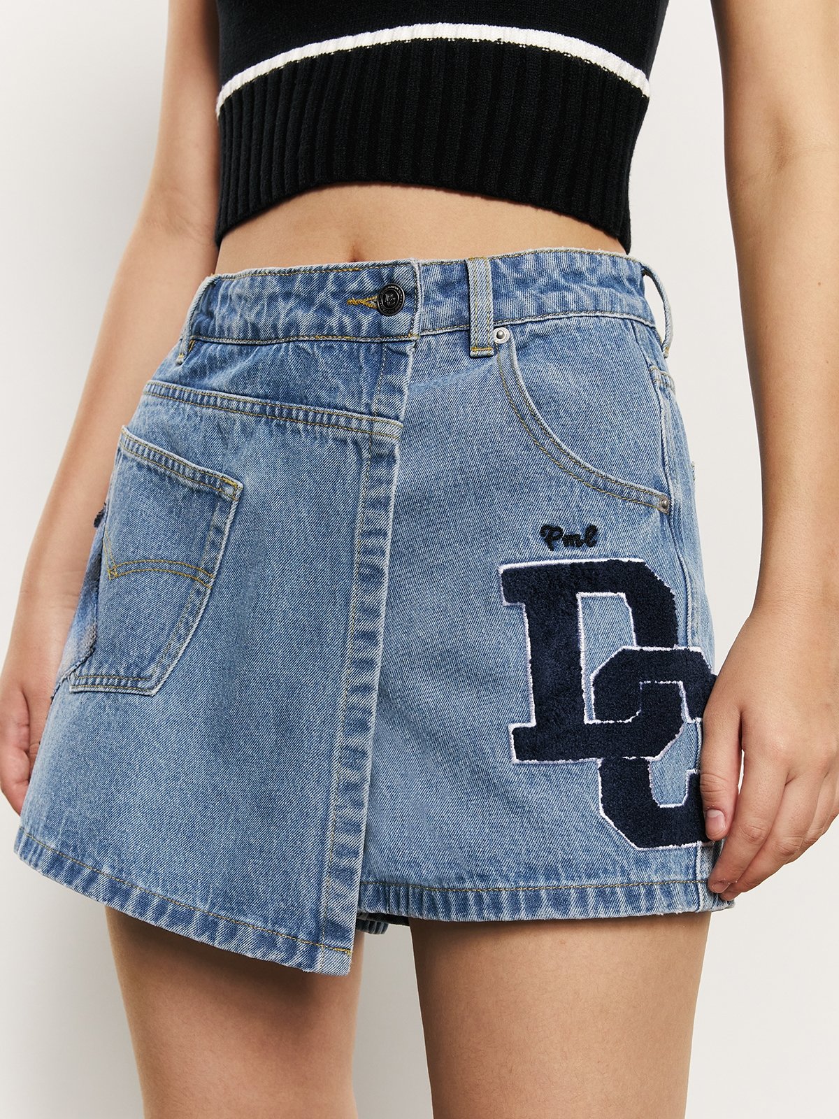 Pomelo. x Dry Clean Only Embroidered Patchwork Detail Denim Wrap Skort ...