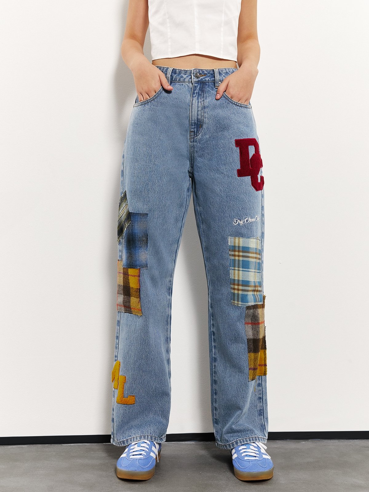 Pomelo. x Dry Clean Only Embroidered Patchwork Detail Straight Jeans ...