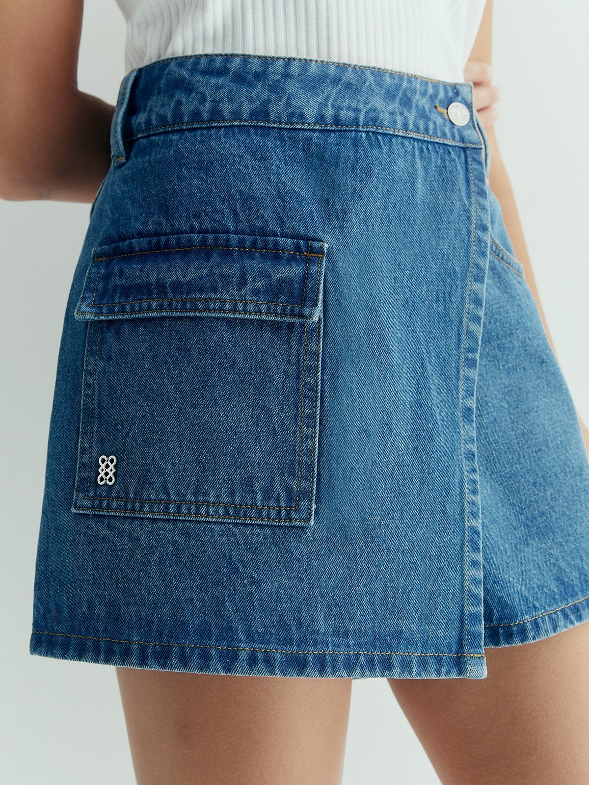 Wrap Denim Skorts - Blue - Pomelo Fashion