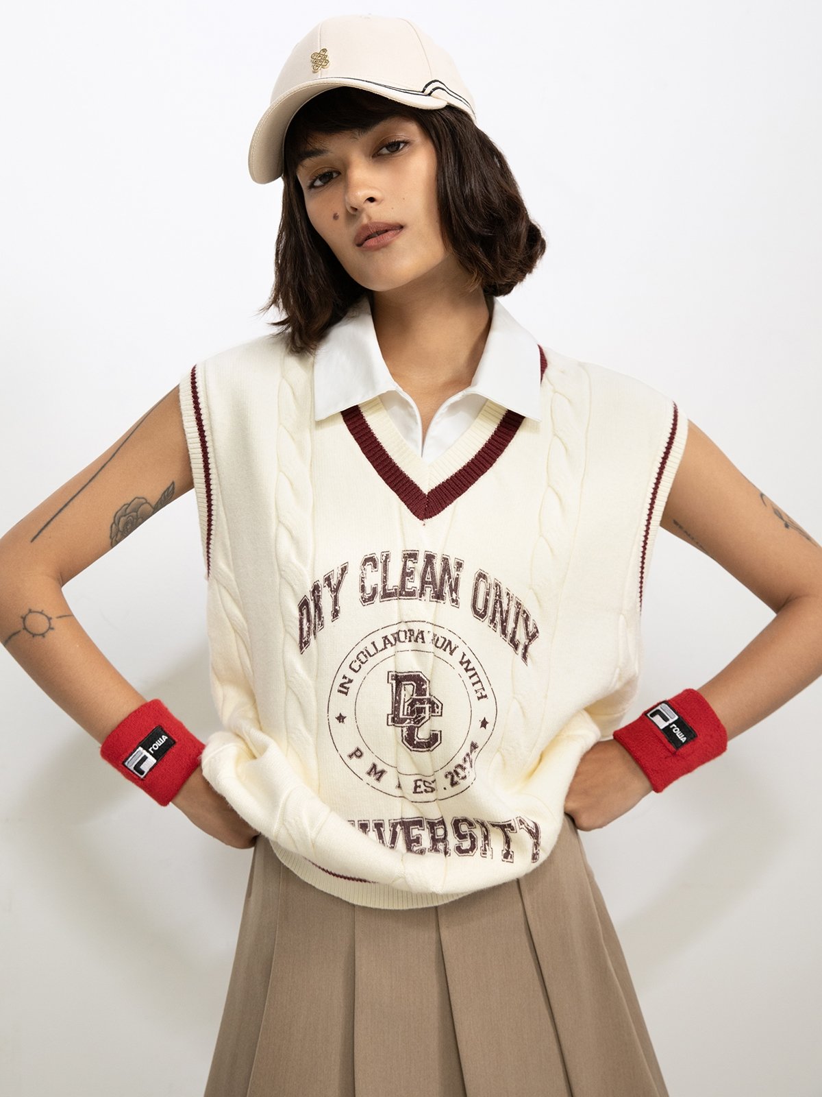 Pomelo. x Dry Clean Only Contrast Trim Cable Pattern Knitted Vest - Off ...