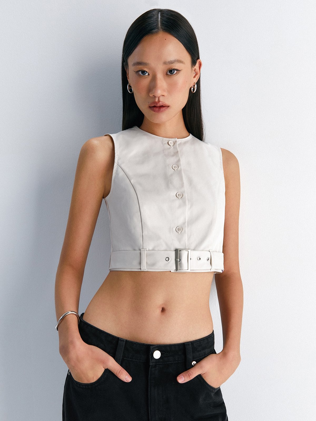 Buckle Belt Detail Sleeveless Crop Top - Ivory - Pomelo Fashion