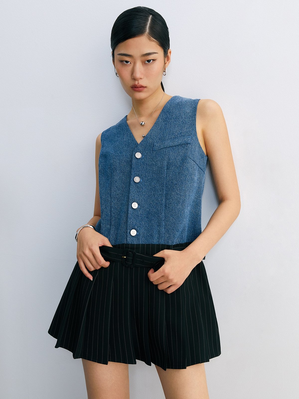 Stripe & Denim A Line Dress - Blue - Blue - Pomelo Fashion