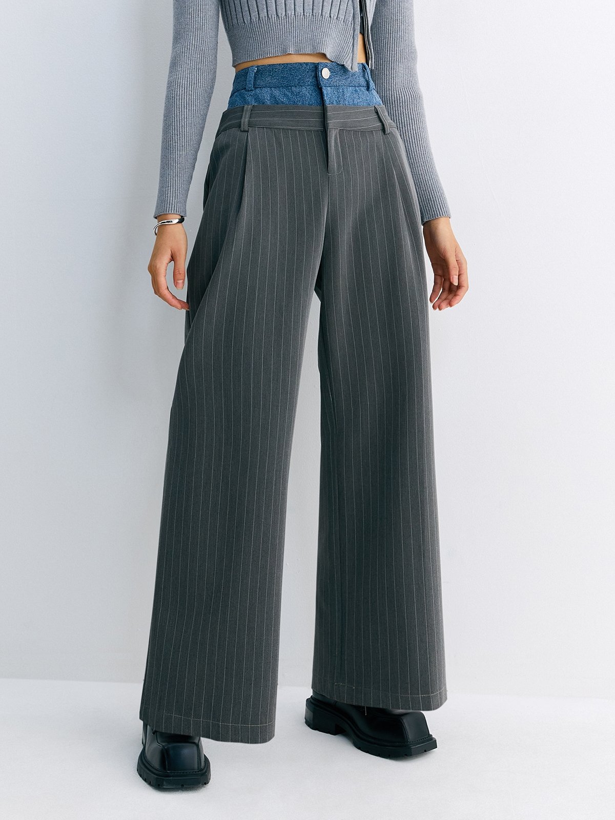 Stripe & Denim Two Layered Pants - Dark Grey - Pomelo Fashion