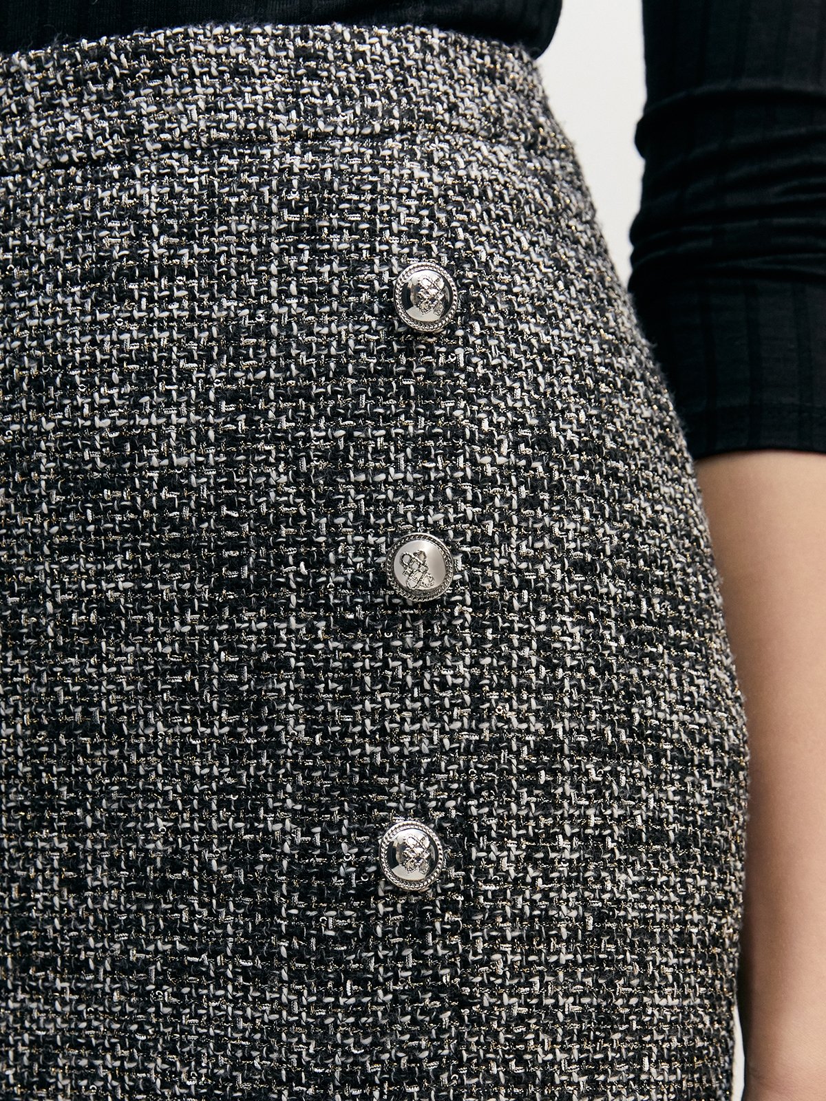 Front Slit High Waist Tweed Midi Skirt - Black - Pomelo Fashion