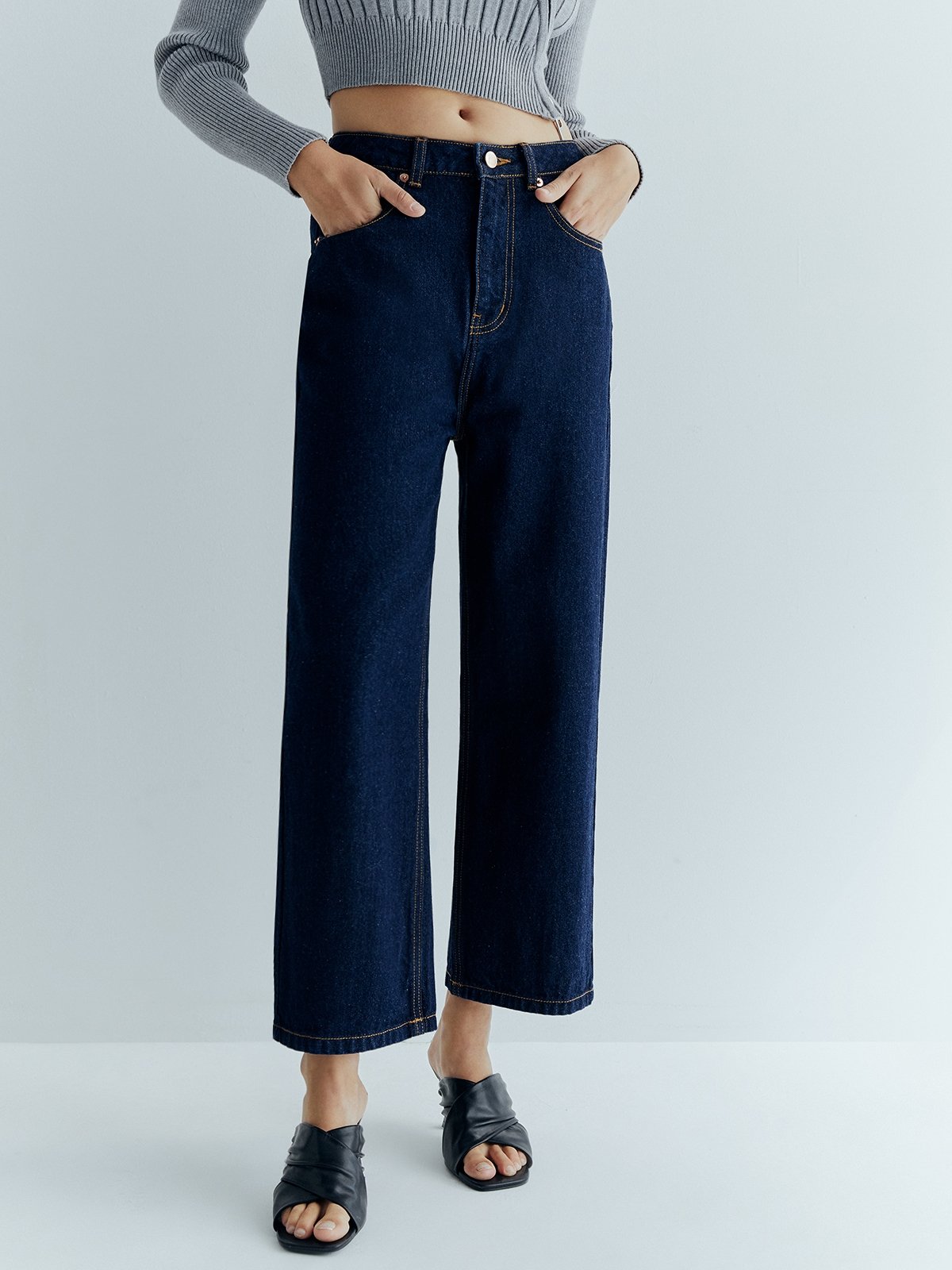 Medium Waist Flared Jeans - Dark Blue - Pomelo Fashion