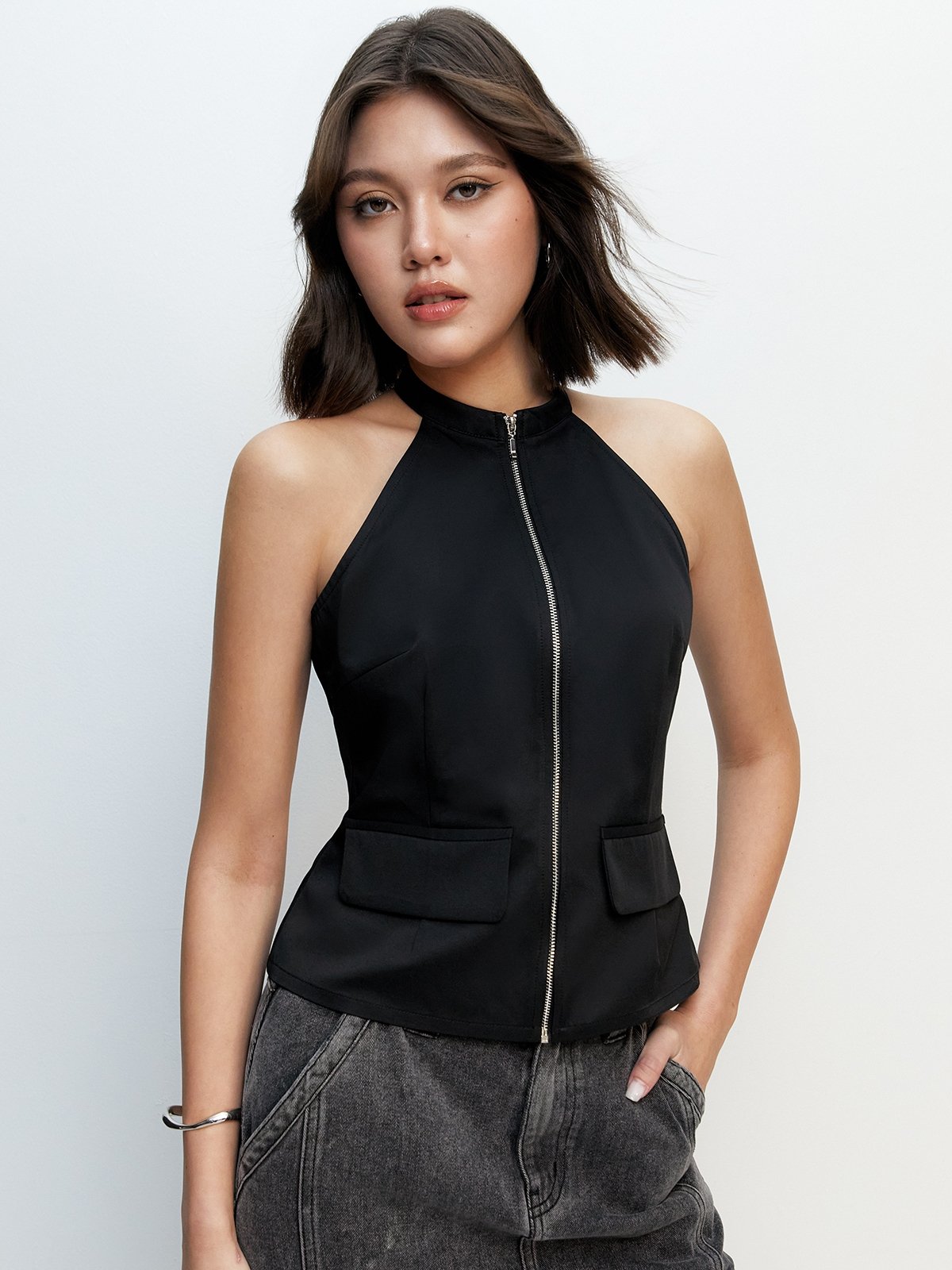 Zipper Halter Top with Pocket Detail - Black - Pomelo Fashion