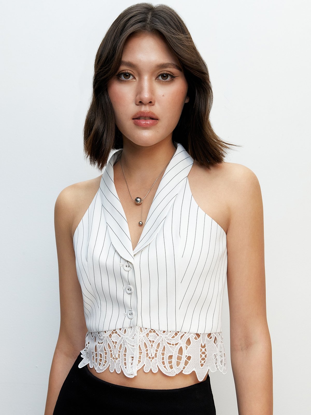 Stripe Lace Eyelet Hem Vest - White - Pomelo Fashion
