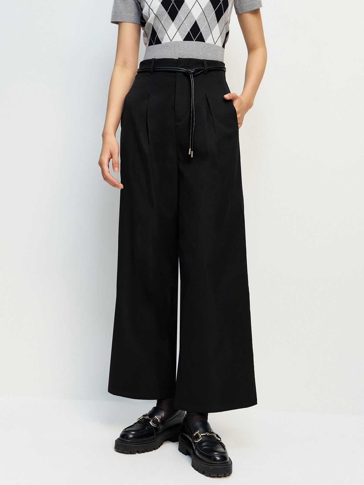 Tie-Belt Detail High Rise Loose Fit Pants - Black - Pomelo Fashion