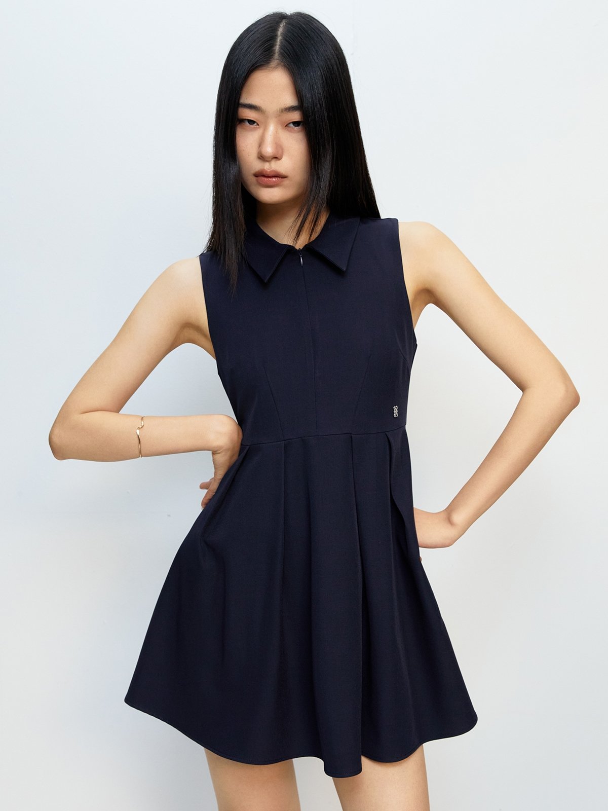 Polo Collared Sleeveless Flowy Mini Dress - Navy - Pomelo Fashion