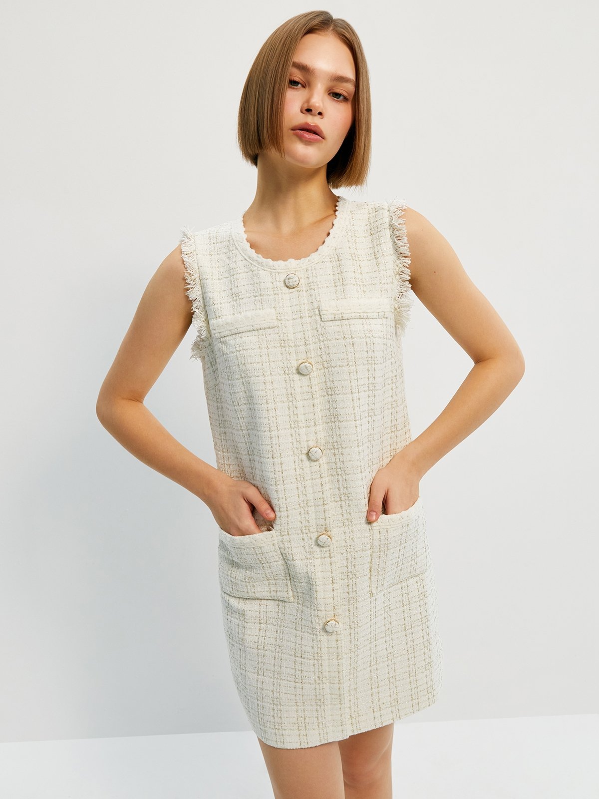 Tweed Sleeveless Button Mini Dress - Cream - Pomelo Fashion