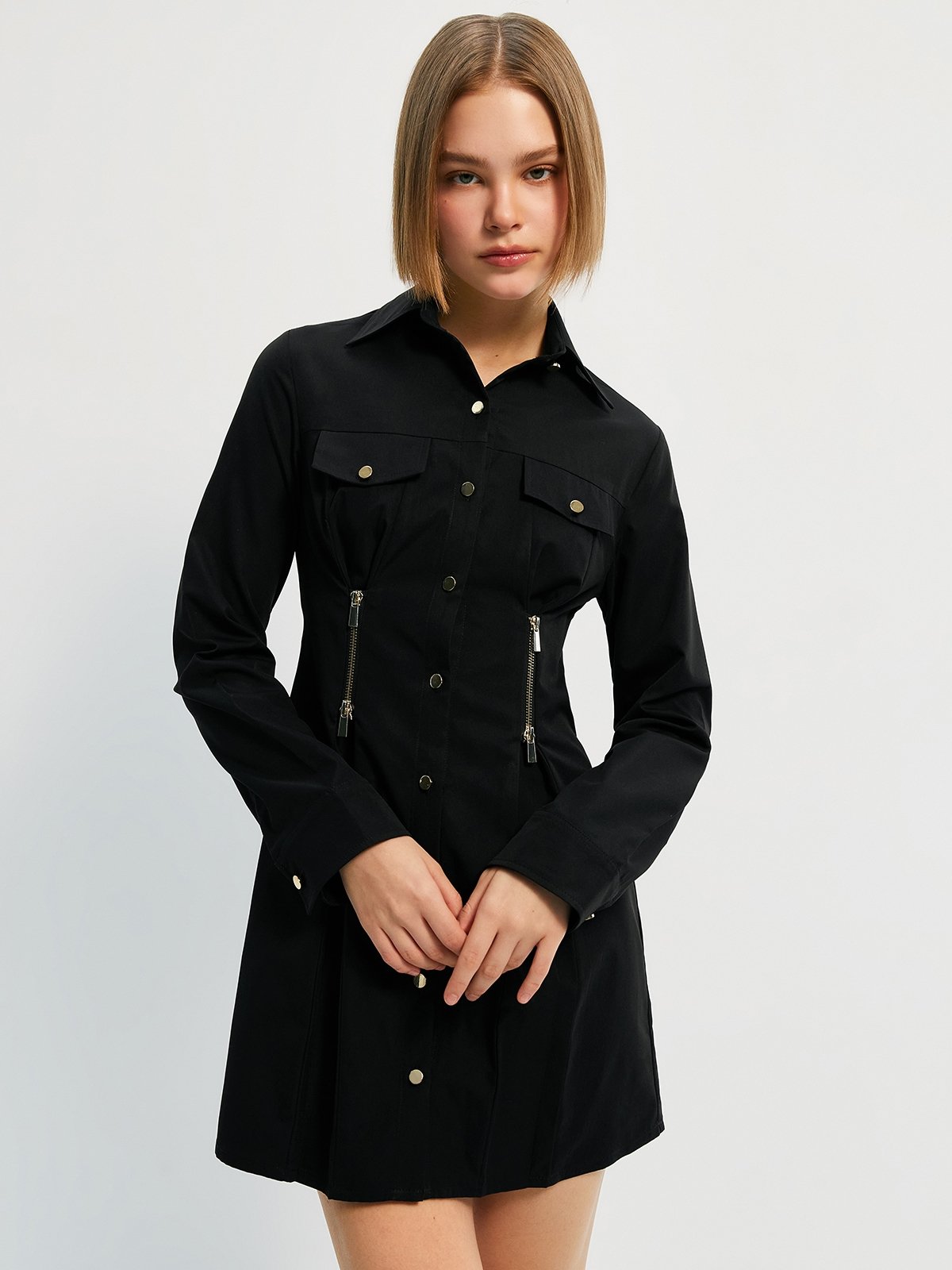 Double Zipper Detail Utility Mini Dress - Black - Pomelo Fashion